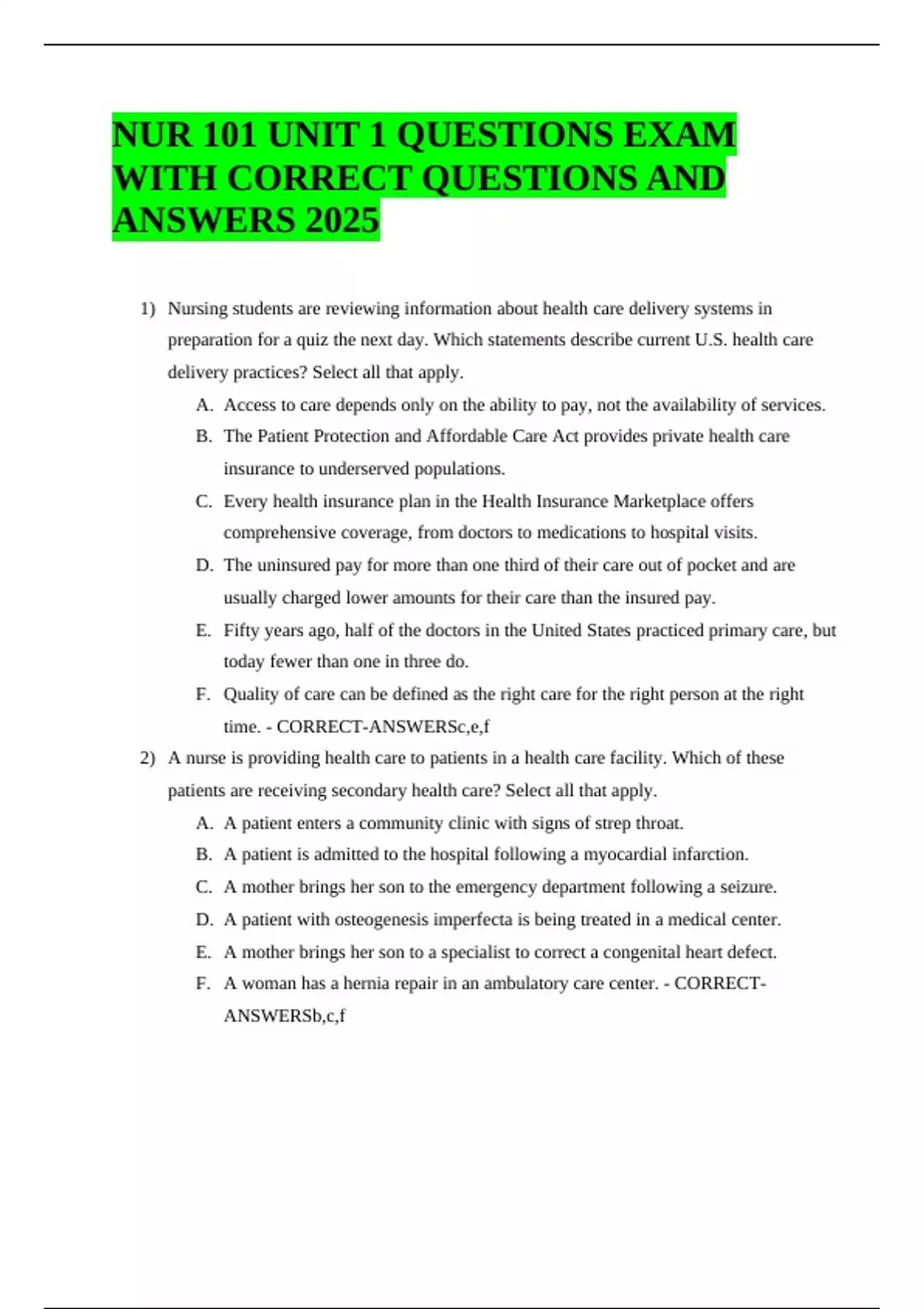 NUR 101 UNIT 1 QUESTIONS EXAM WITH CORRECT QUESTIONS AND ANSWERS 2025 ...