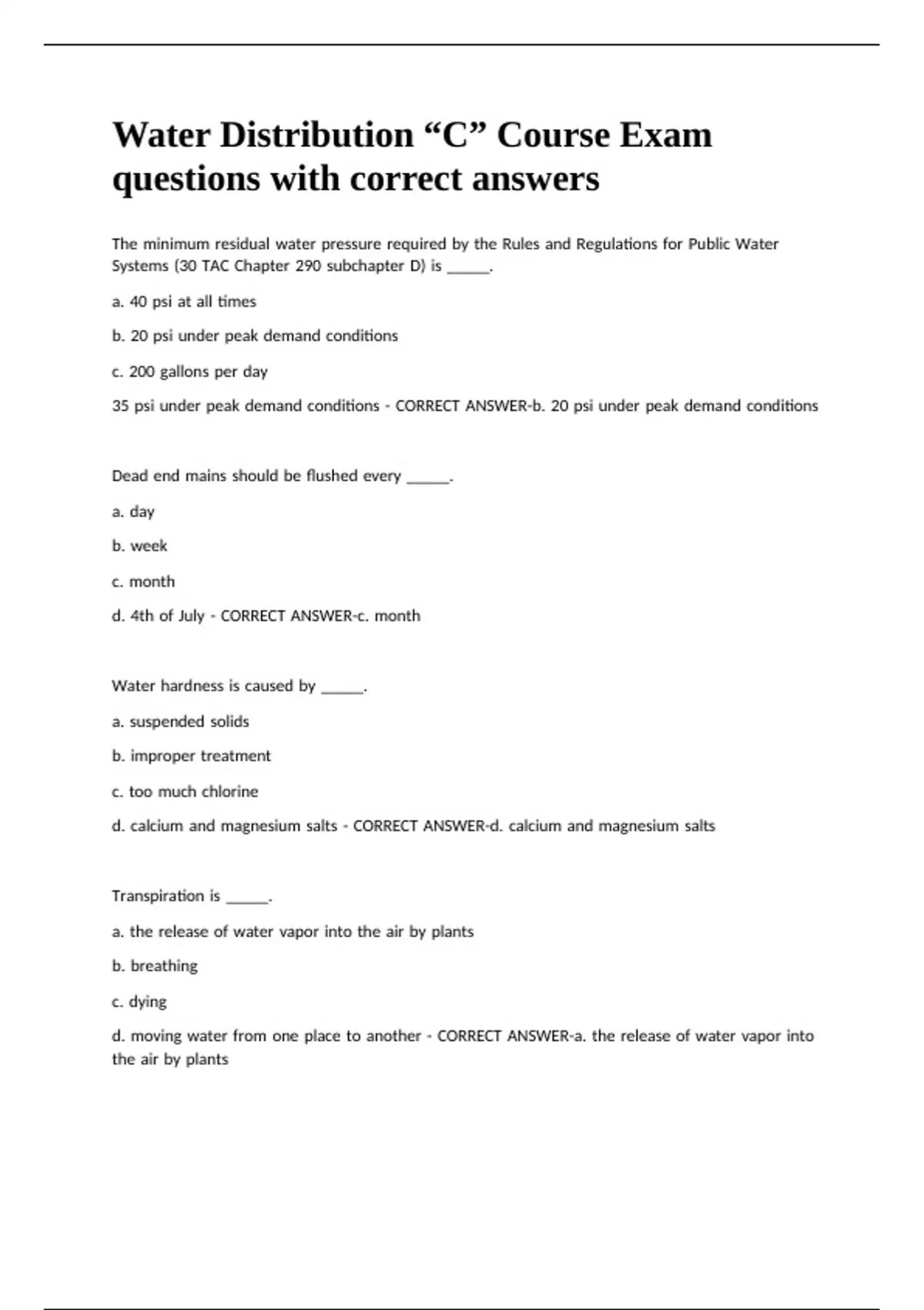 Water Distribution “C” Course Exam questions with correct answers ...