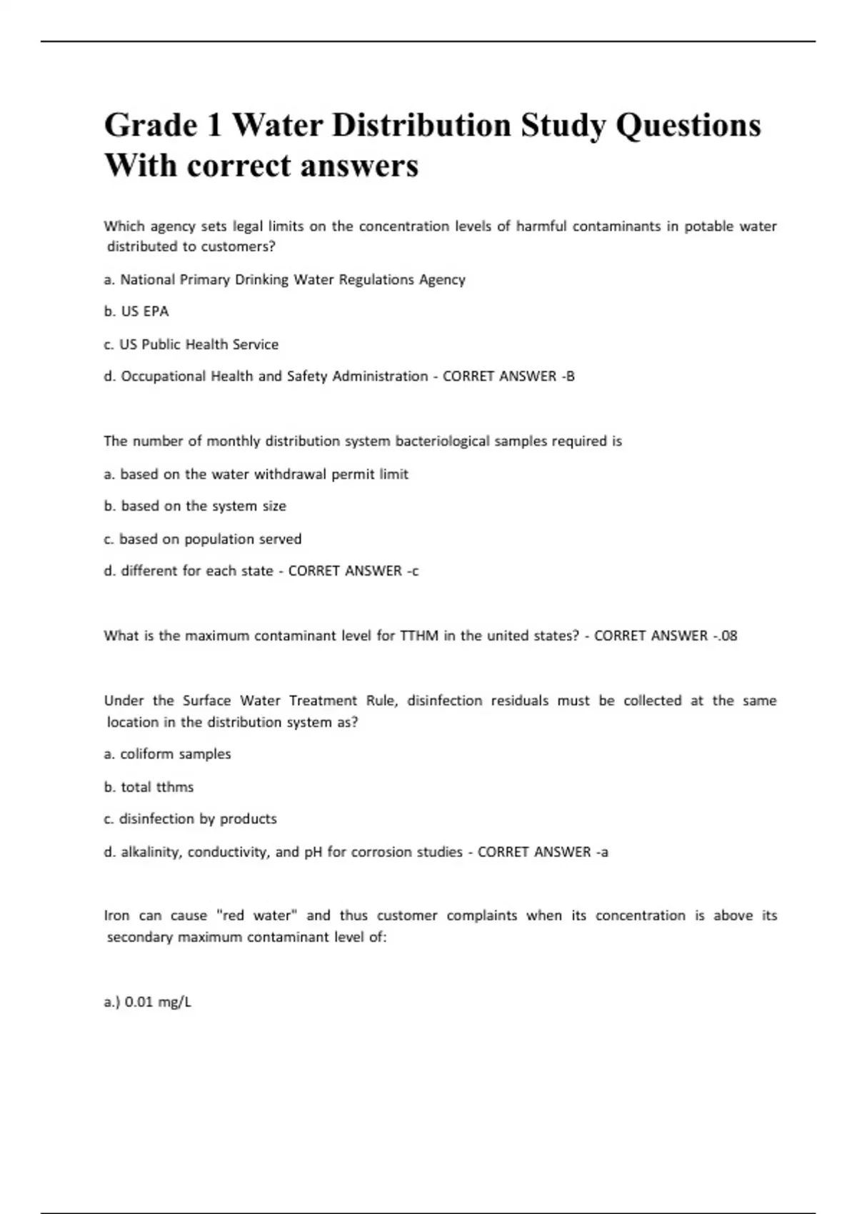 Grade 1 Water Distribution Study Questions With correct answers - Water ...