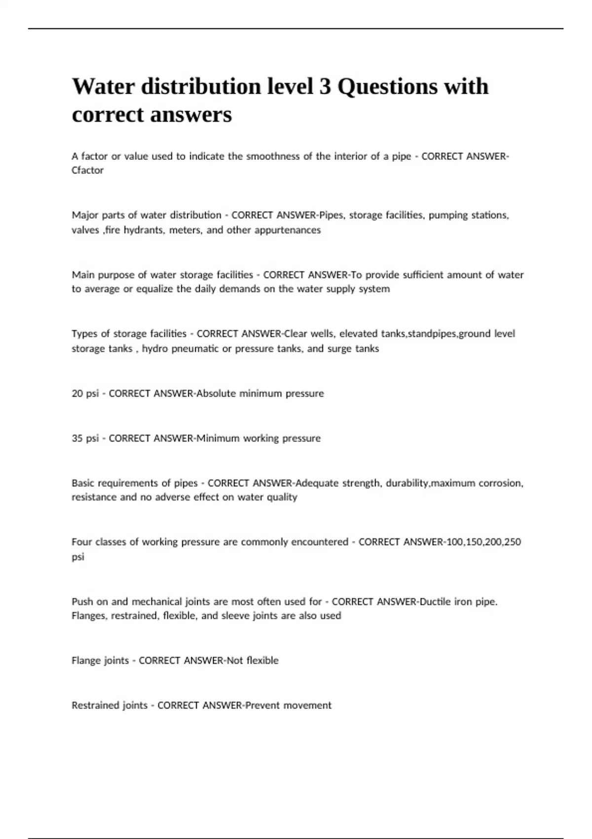 Water distribution level 3 Questions with correct answers. - Water ...
