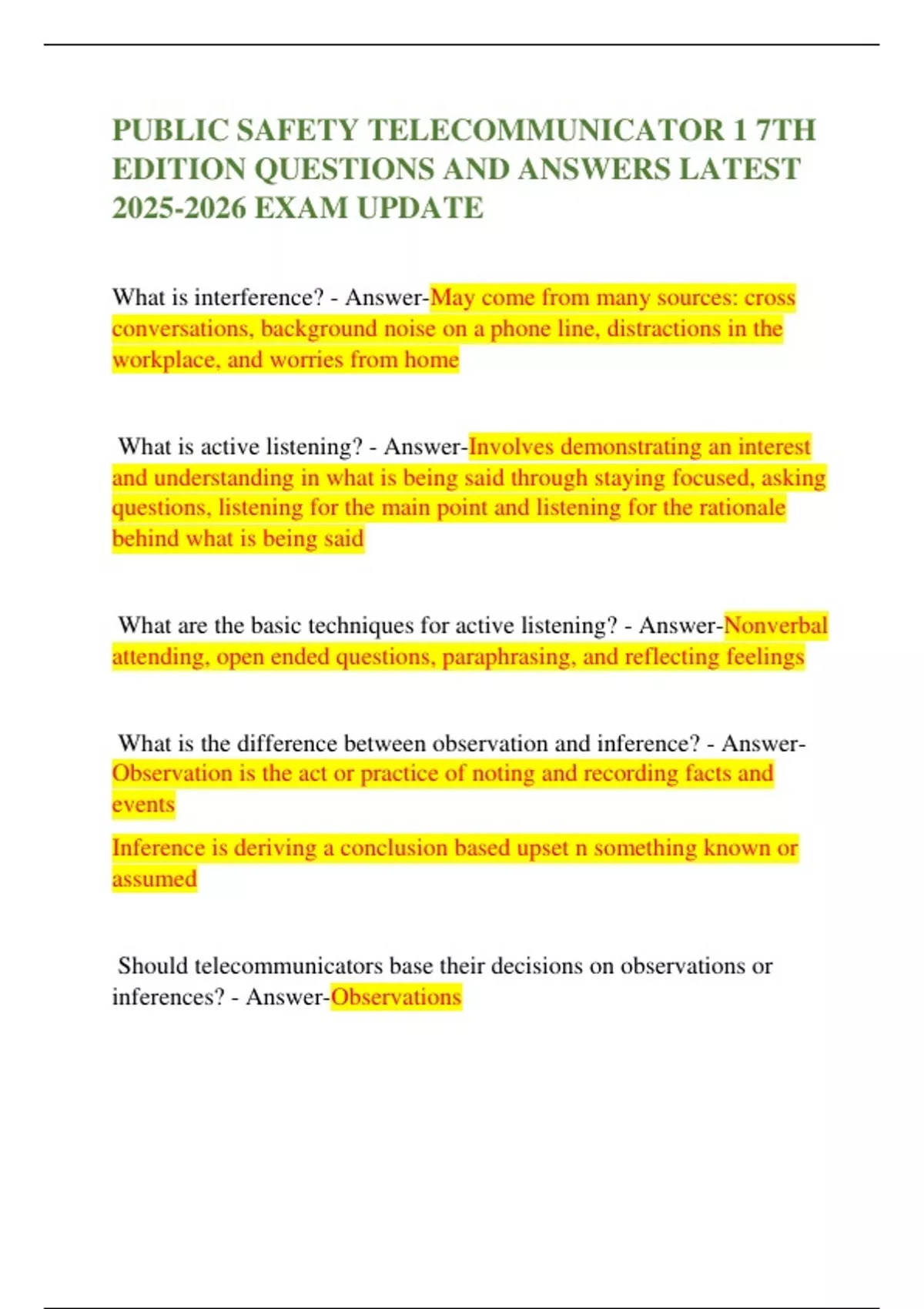 PUBLIC SAFETY TELECOMMUNICATOR 1 7TH EDITION QUESTIONS AND ANSWERS ...
