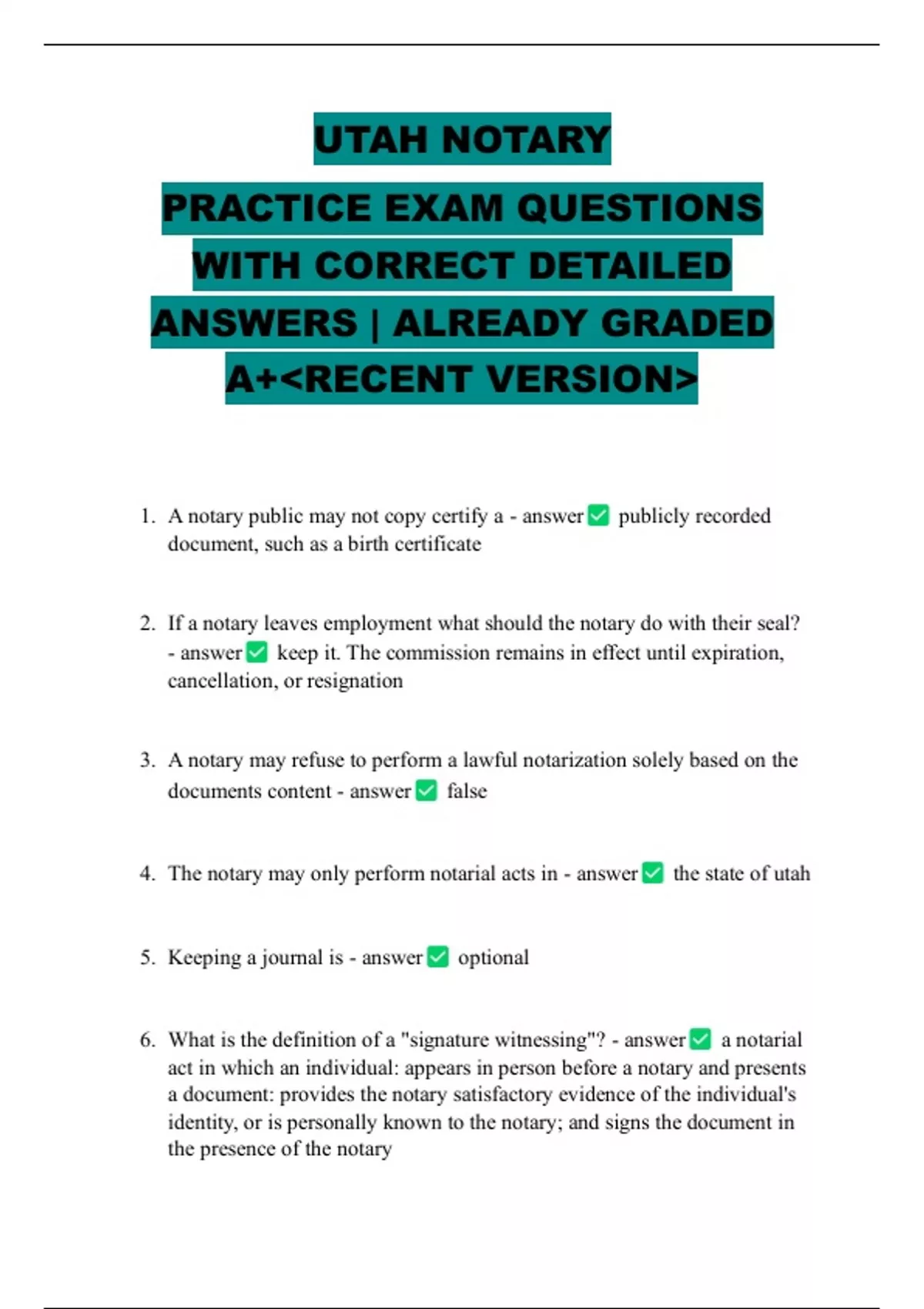 UTAH NOTARY PRACTICE EXAM QUESTIONS WITH CORRECT DETAILED ANSWERS ...