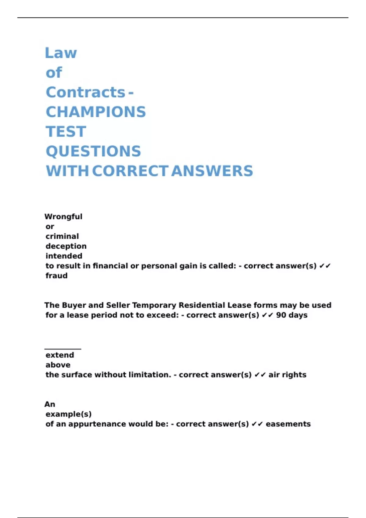 Law of Contracts - CHAMPIONS TEST QUESTIONS WITH CORRECT ANSWERS - Law ...