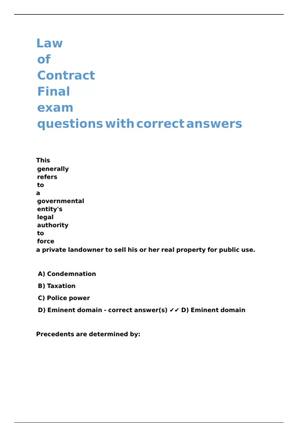Law of Contract Final exam questions with correct answers , - Law of ...
