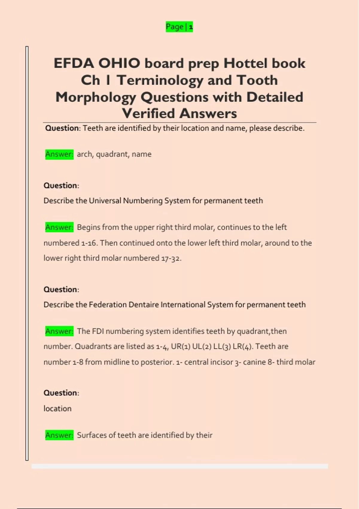 EFDA OHIO board prep Hottel book Ch 1 Terminology and Tooth Morphology ...