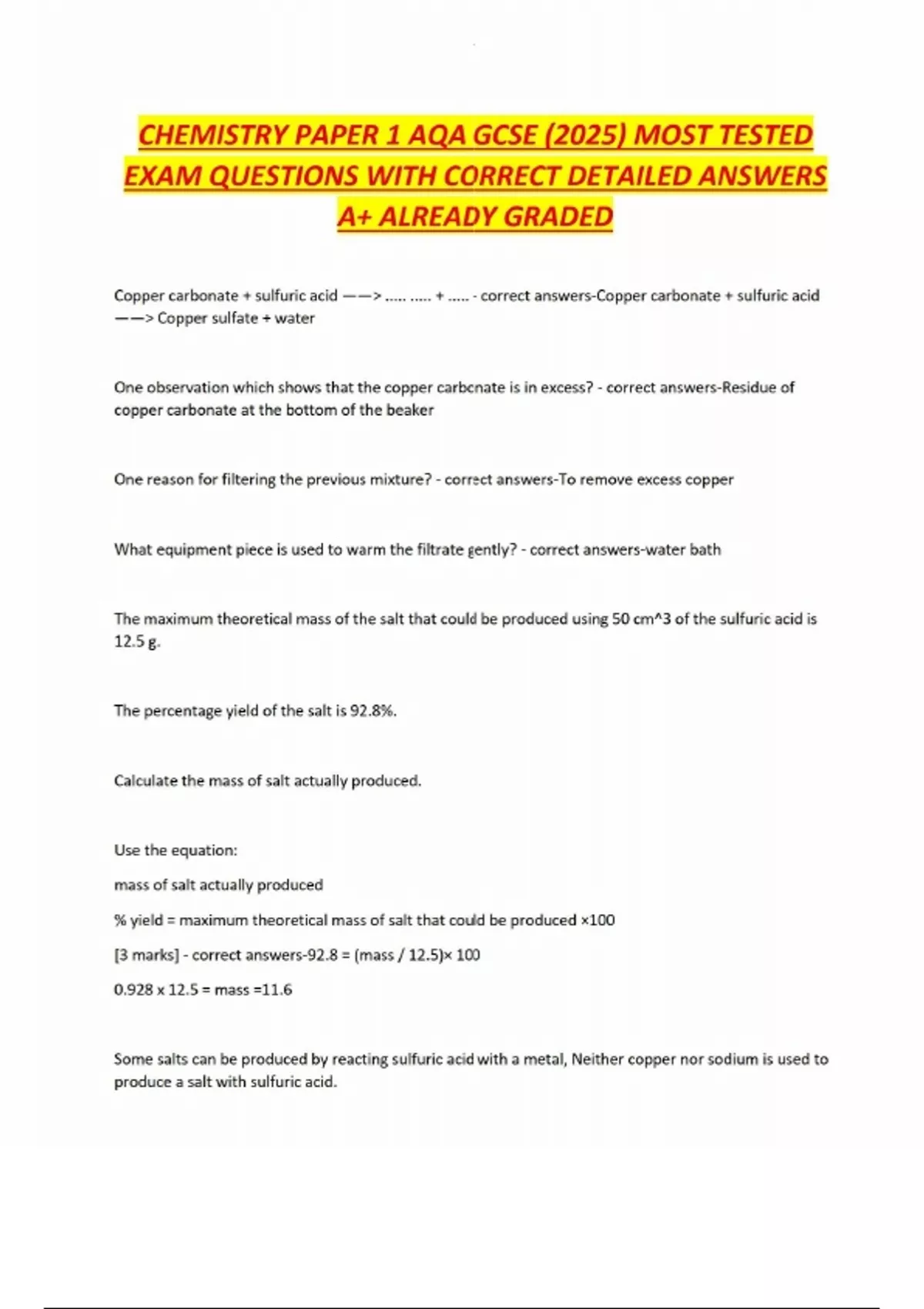 CHEMISTRY PAPER 1 AQA GCSE (2025) MOST TESTED EXAM QUESTIONS WITH ...