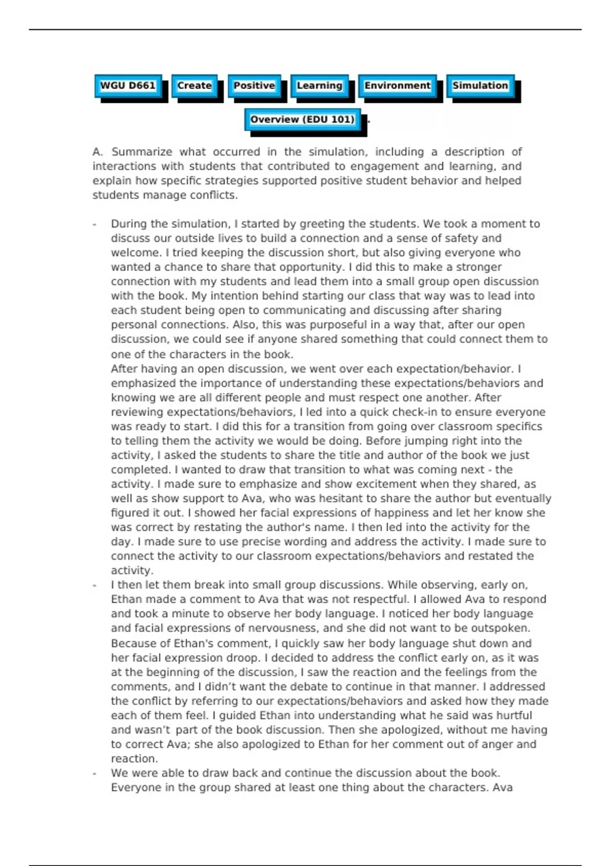 WGU D661 Create Positive Learning Environment Simulation Overview (EDU ...