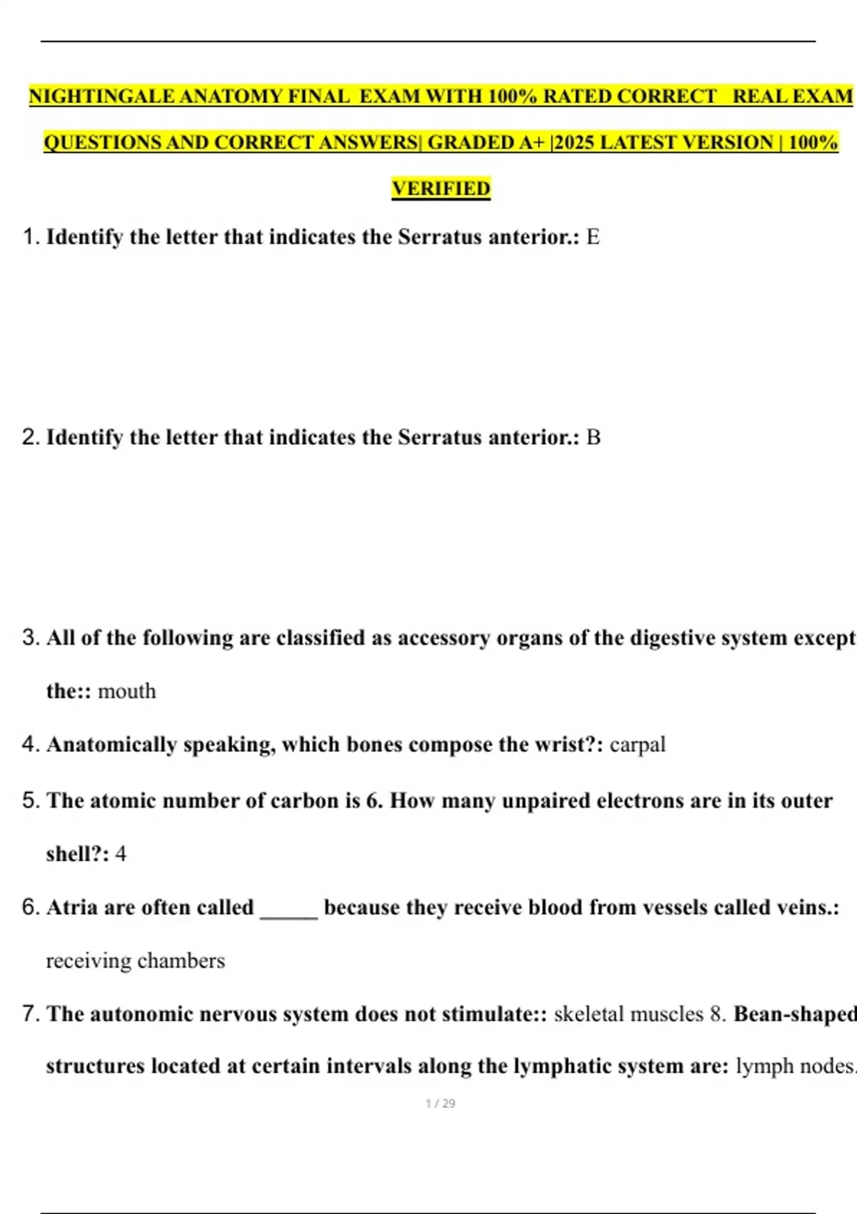 NIGHTINGALE ANATOMY FINAL EXAM WITH 100% RATED CORRECT REAL EXAM ...