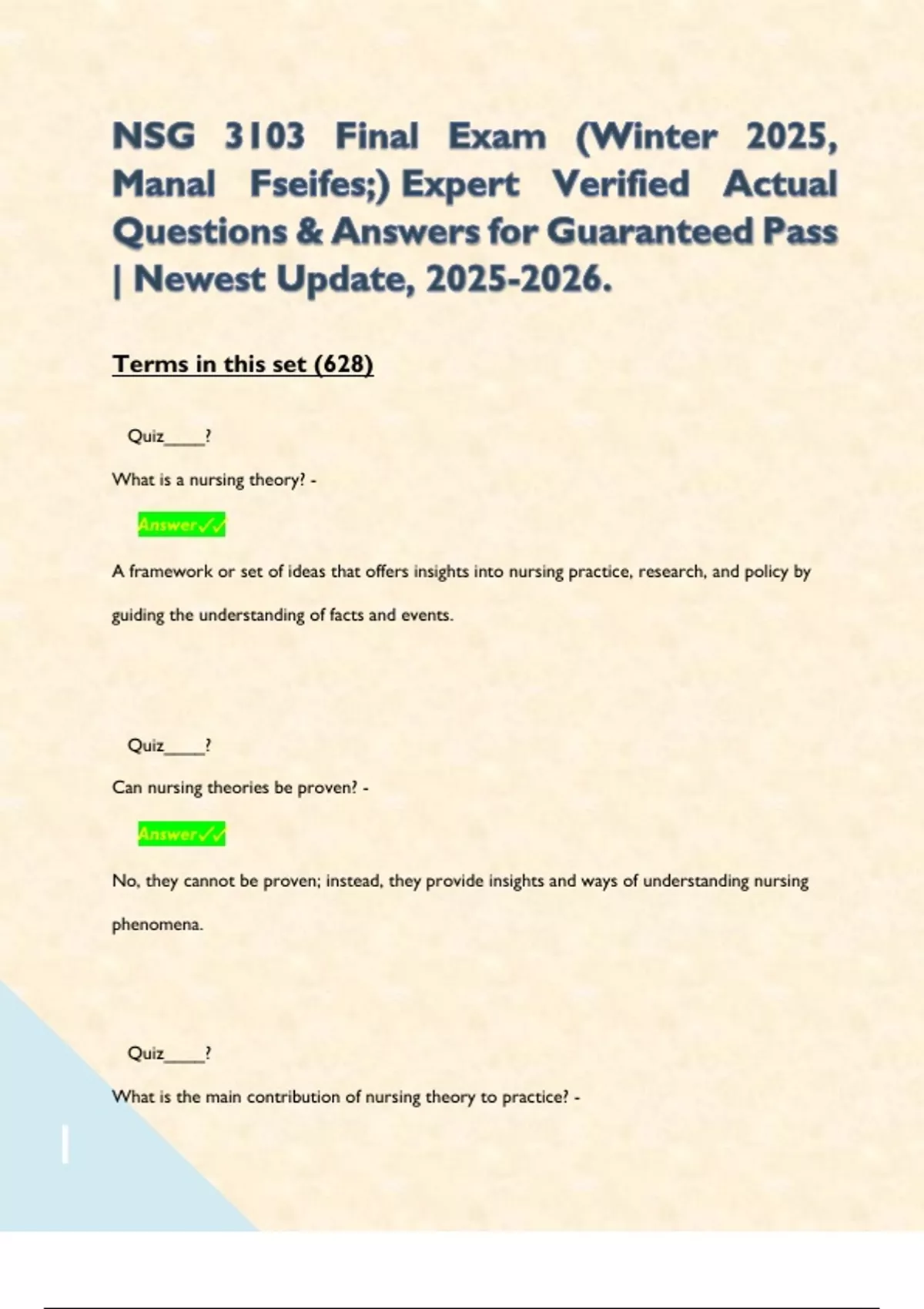 NSG 3103 Final Exam (Winter 2025, Manal Fseifes;) Expert Verified ...