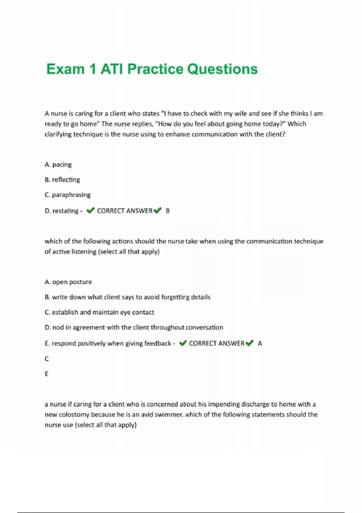 ATI Exam 1 – Practice Questions with Correct Answers and Rationales ...