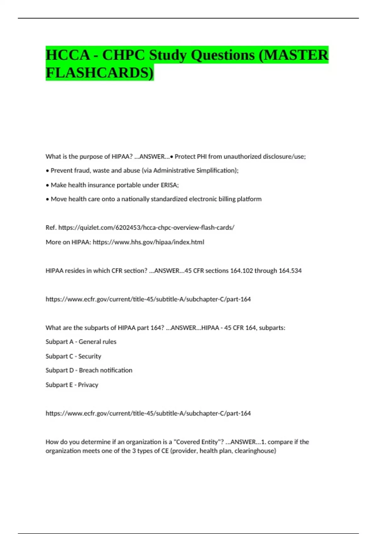 HCCA - CHPC Study Questions (MASTER FLASHCARDS) - HCCA- CHC - Stuvia US