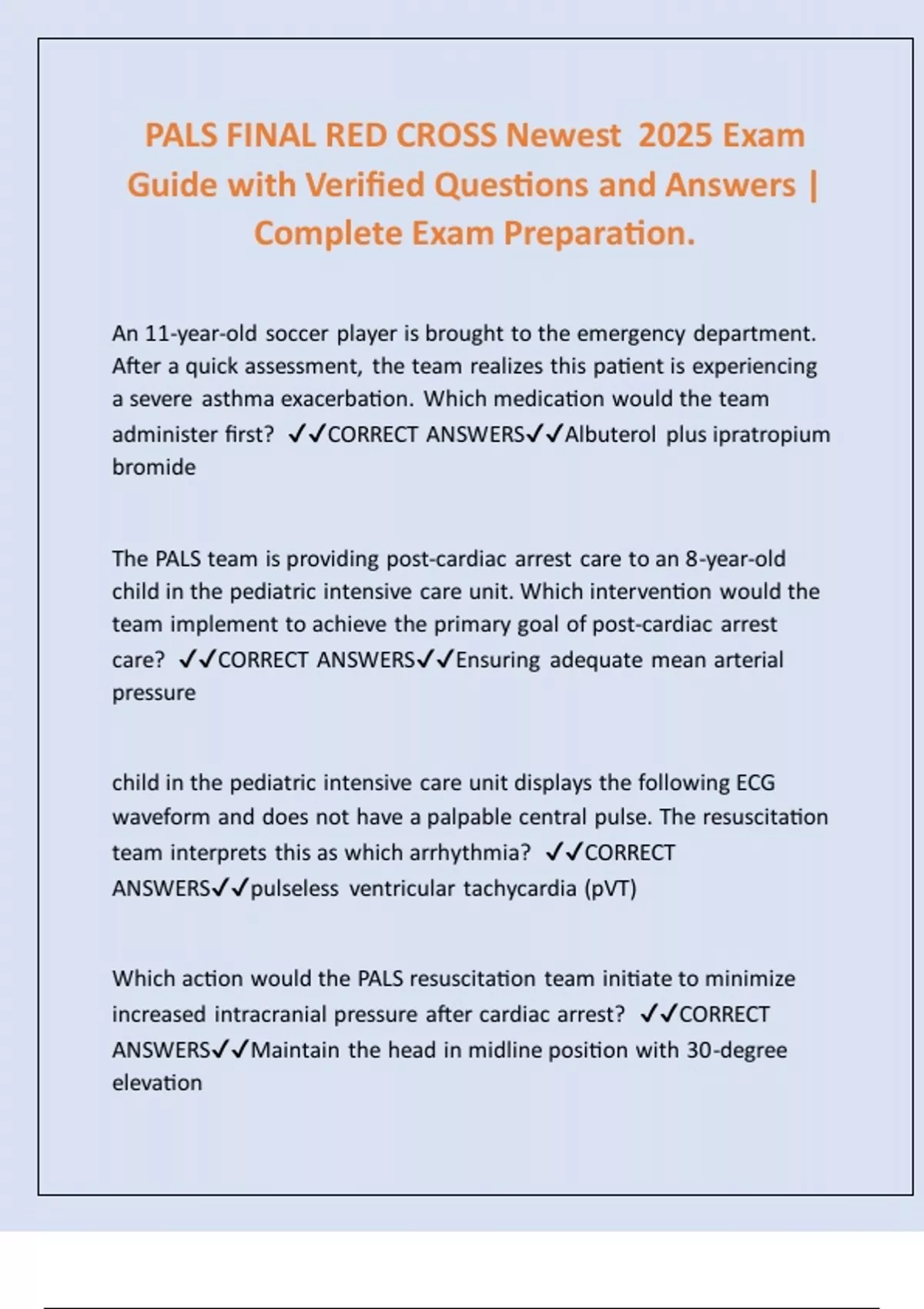 PALS FINAL RED CROSS Newest 2025 Exam Guide with Verified Questions and ...
