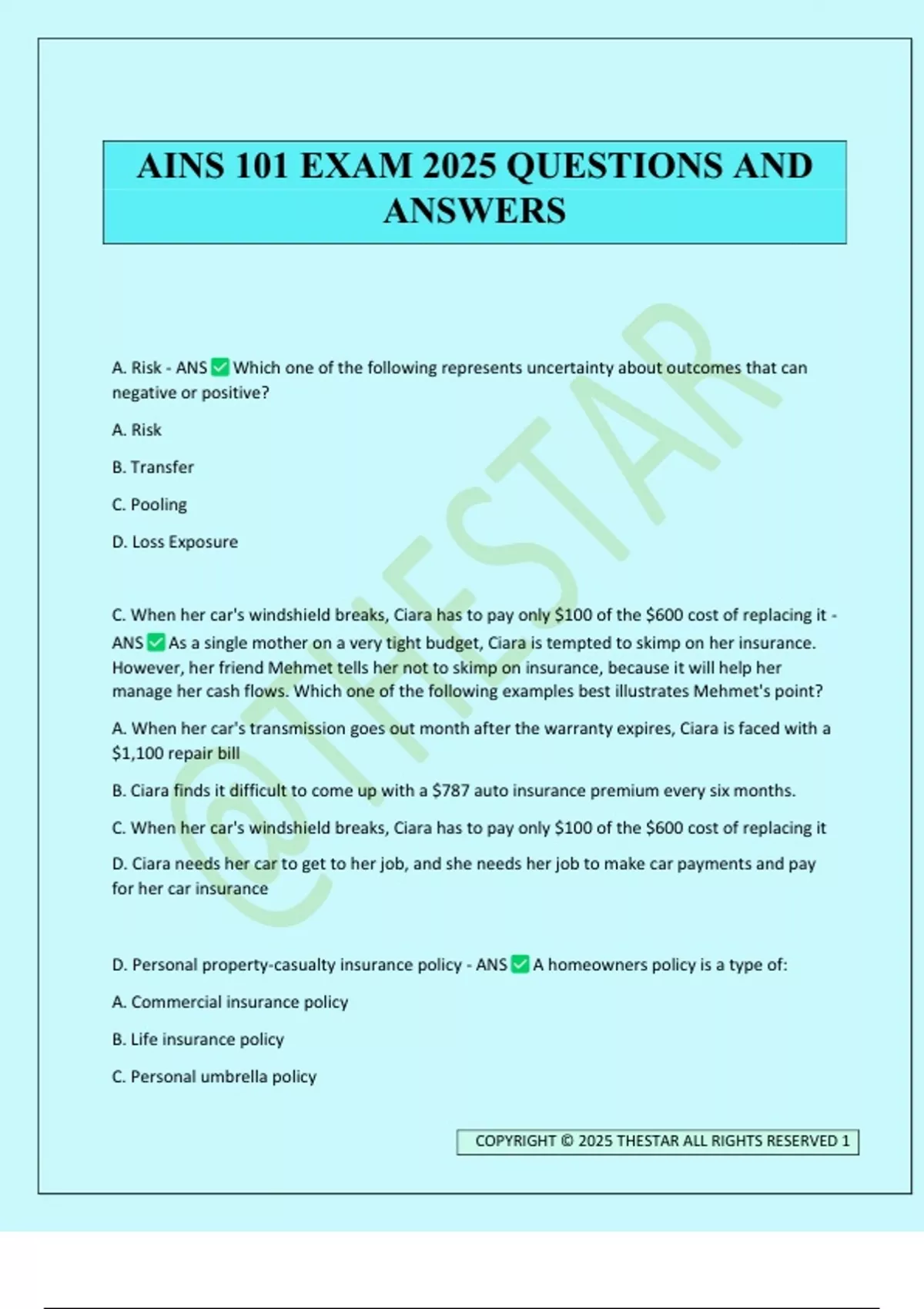 AINS 101 EXAM 2025 QUESTIONS AND ANSWERS - AINS 101 - Stuvia US