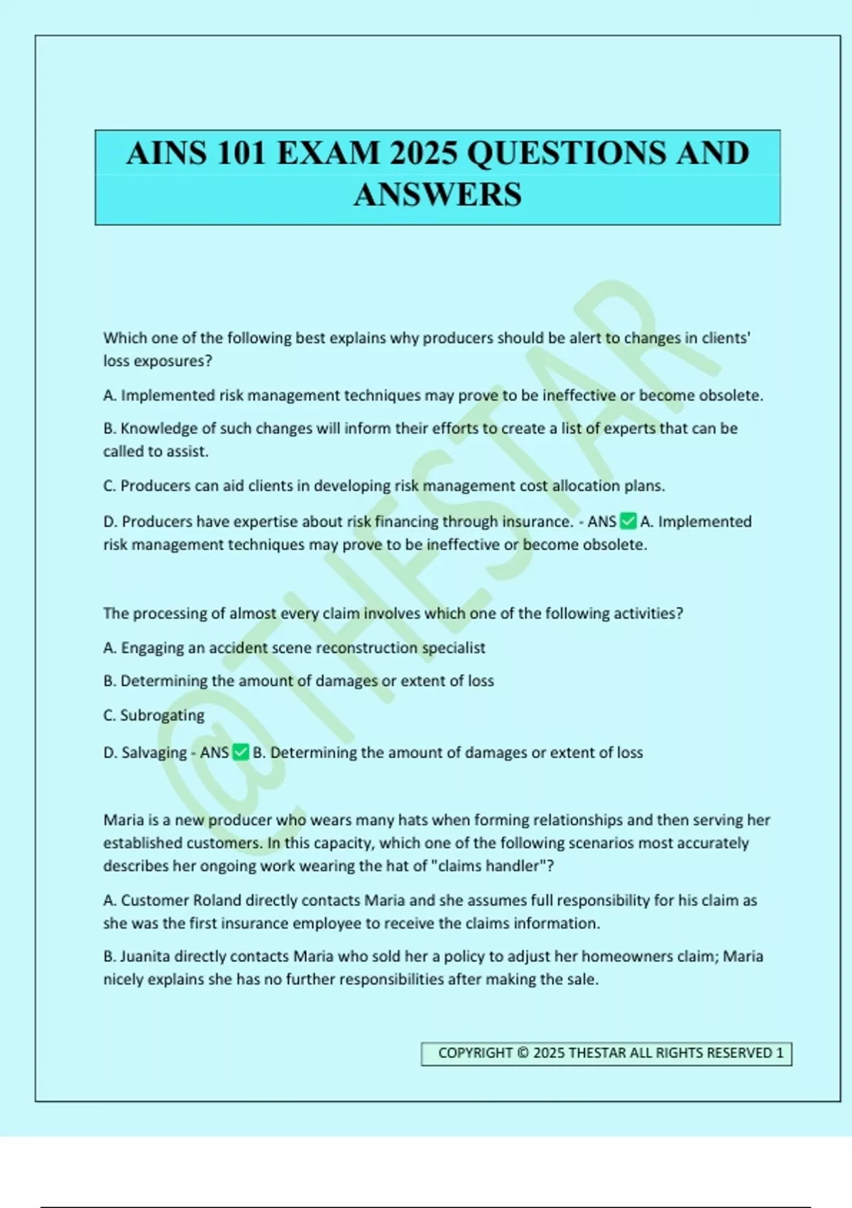 AINS 101 EXAM 2025 QUESTIONS AND ANSWERS - AINS 101 - Stuvia US