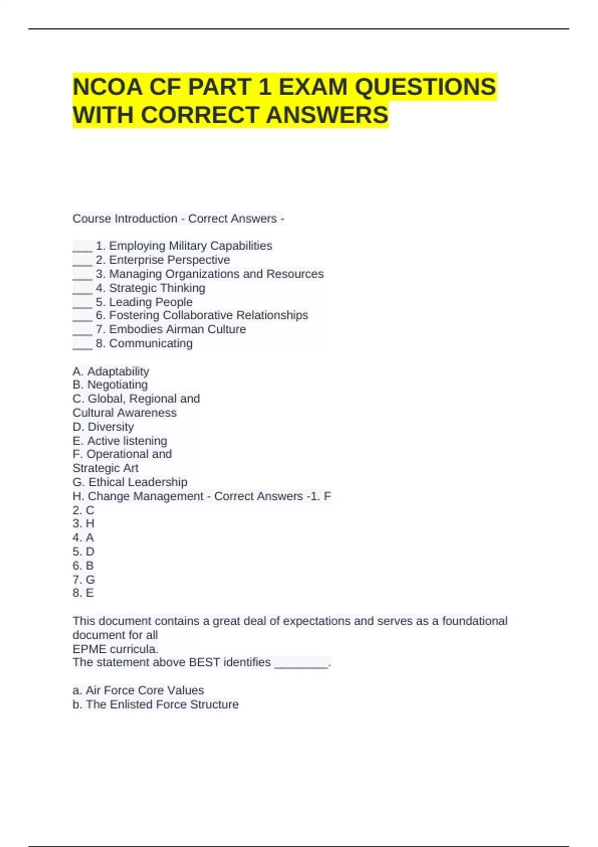 NCOA CF PART 1 EXAM QUESTIONS WITH CORRECT ANSWERS - NCOA - Stuvia US