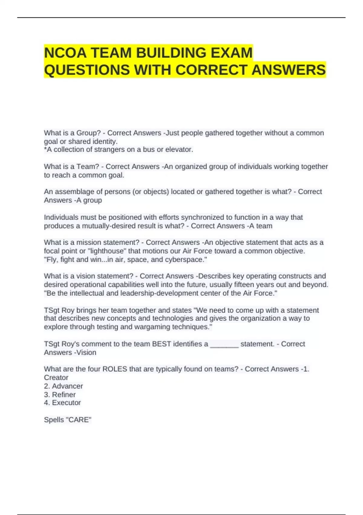 NCOA TEAM BUILDING EXAM QUESTIONS WITH CORRECT ANSWERS - NCOA - Stuvia US