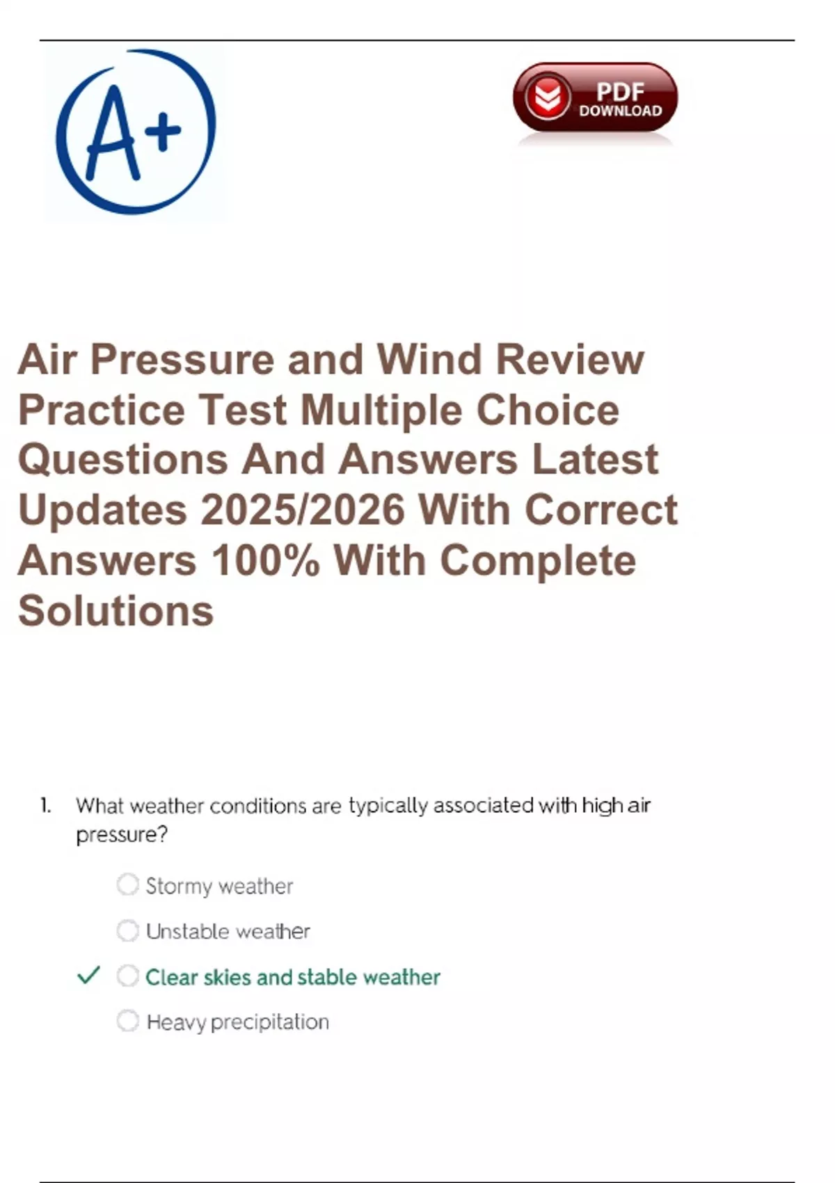 Air Pressure and Wind Review Practice Test Multiple Choice Questions ...