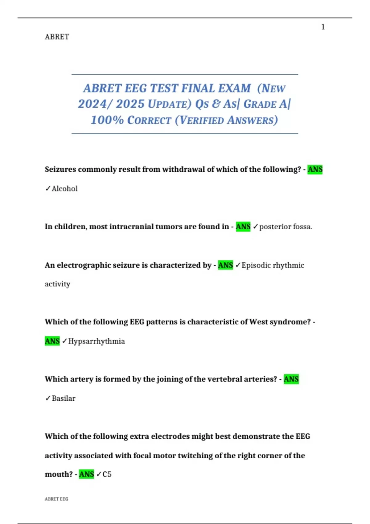ABRET EEG TEST FINAL EXAM (NEW 2024/ 2025 UPDATE) QS & AS| GRADE A| 100 ...