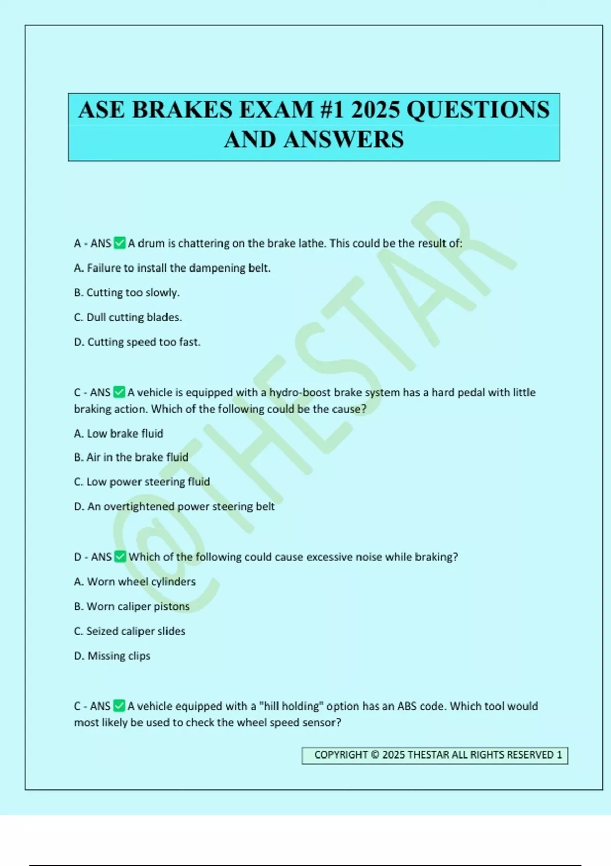 ASE BRAKES EXAM #1 2025 QUESTIONS AND ANSWERS - ASE - Stuvia US
