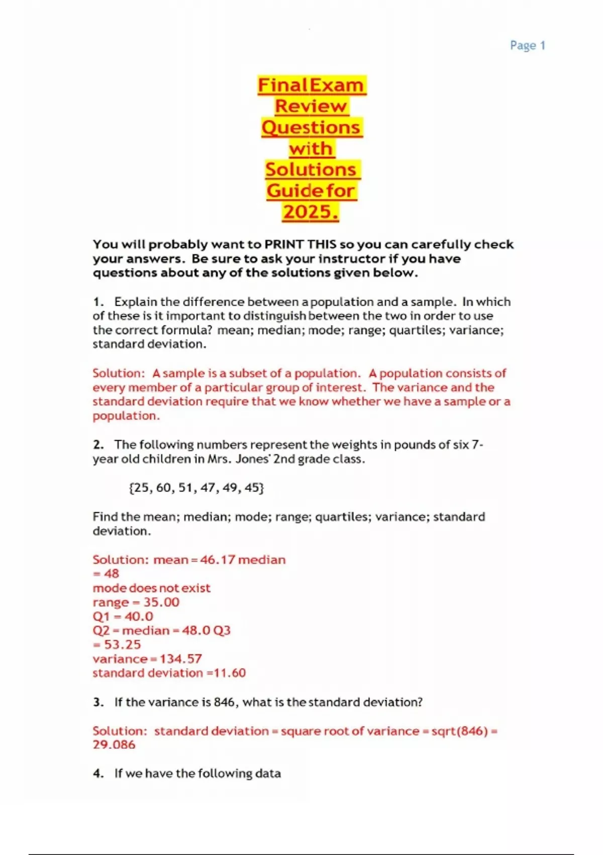 Final Exam Review Questions with Solutions Guide for 2025. - Statitics ...