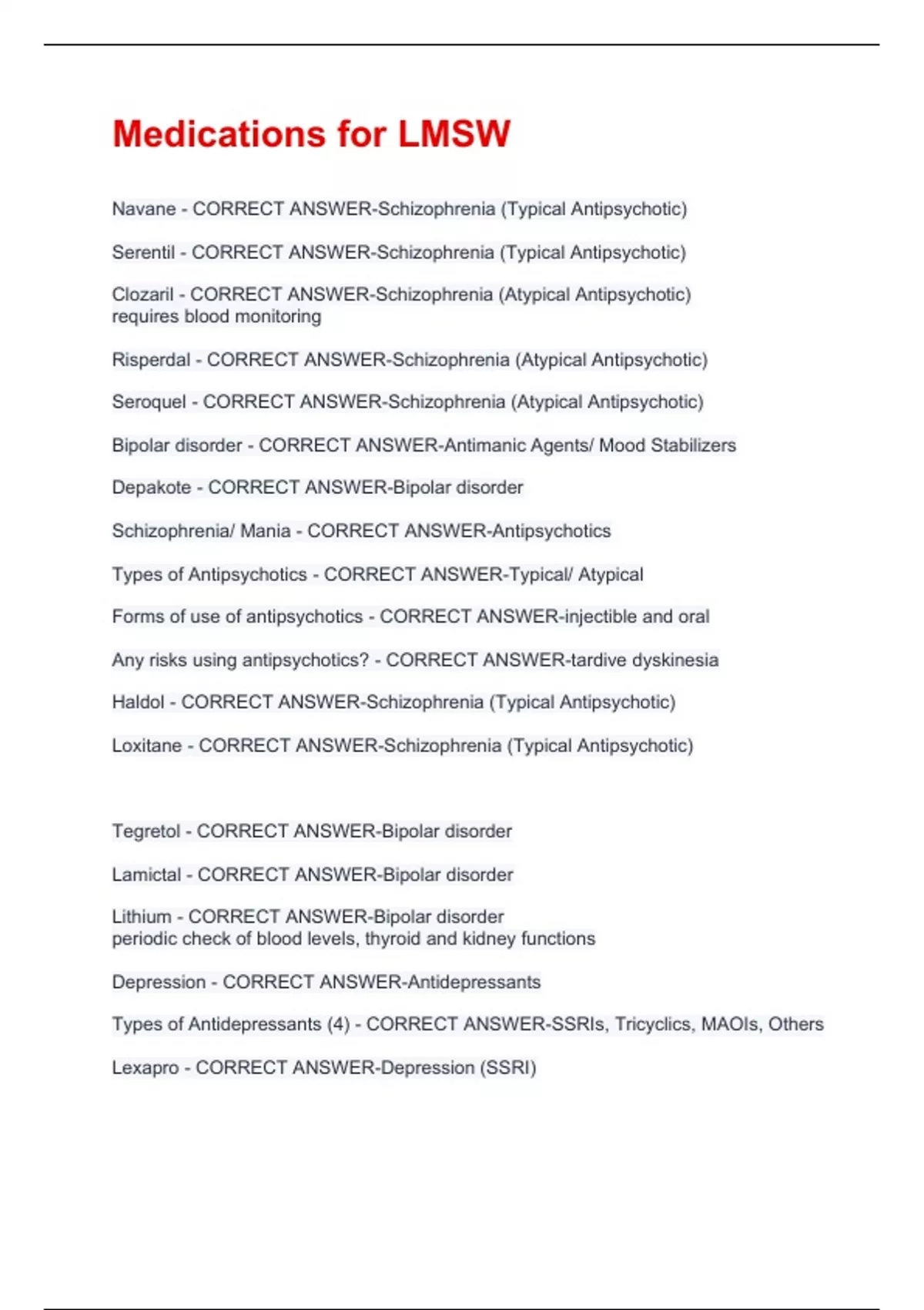 Medications for LMSW Updated 2025 with complete solution - Medications ...