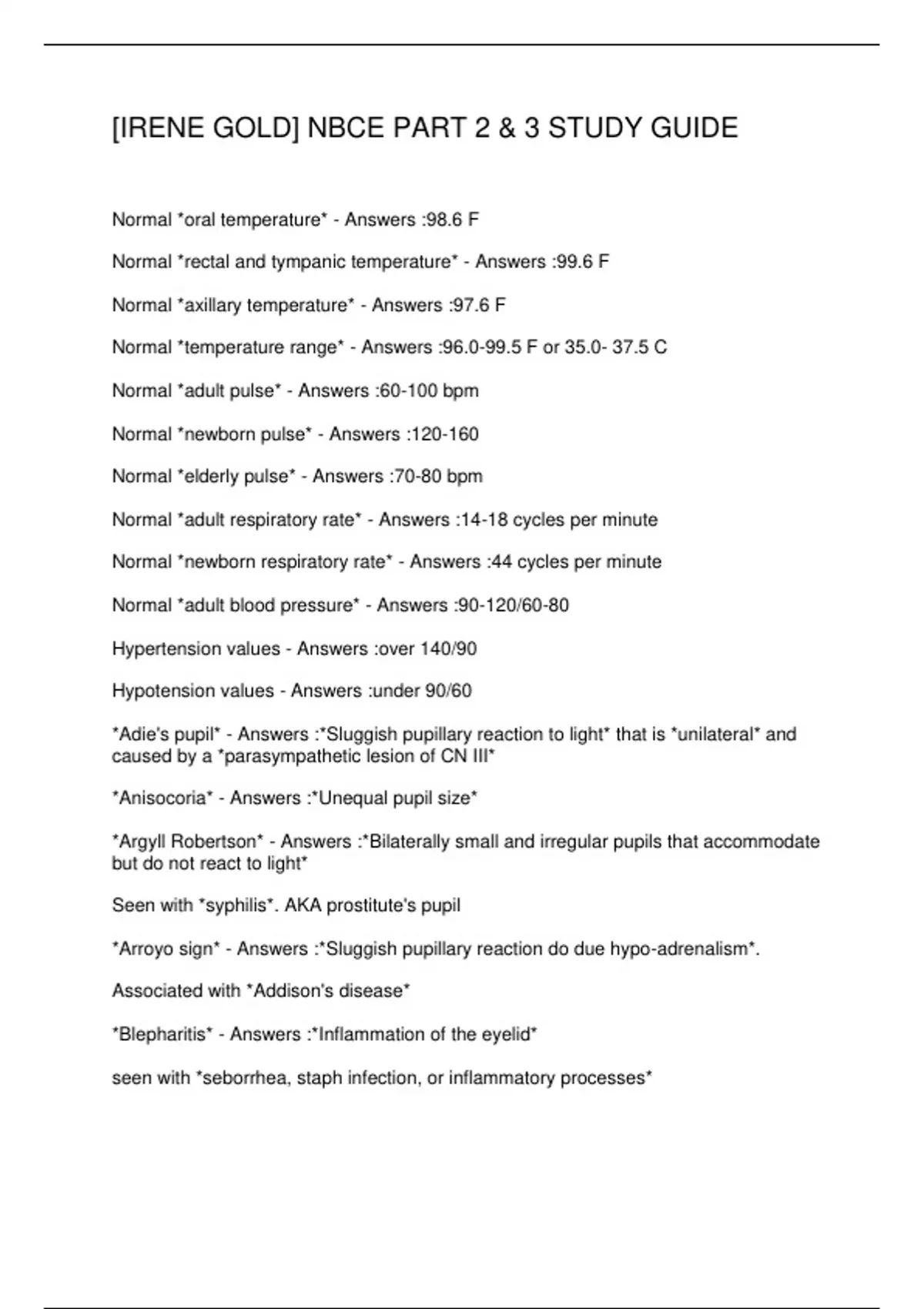 IRENE GOLD- NBCE PART 2 & 3 STUDY GUIDE - IRENE GOLD - Stuvia US