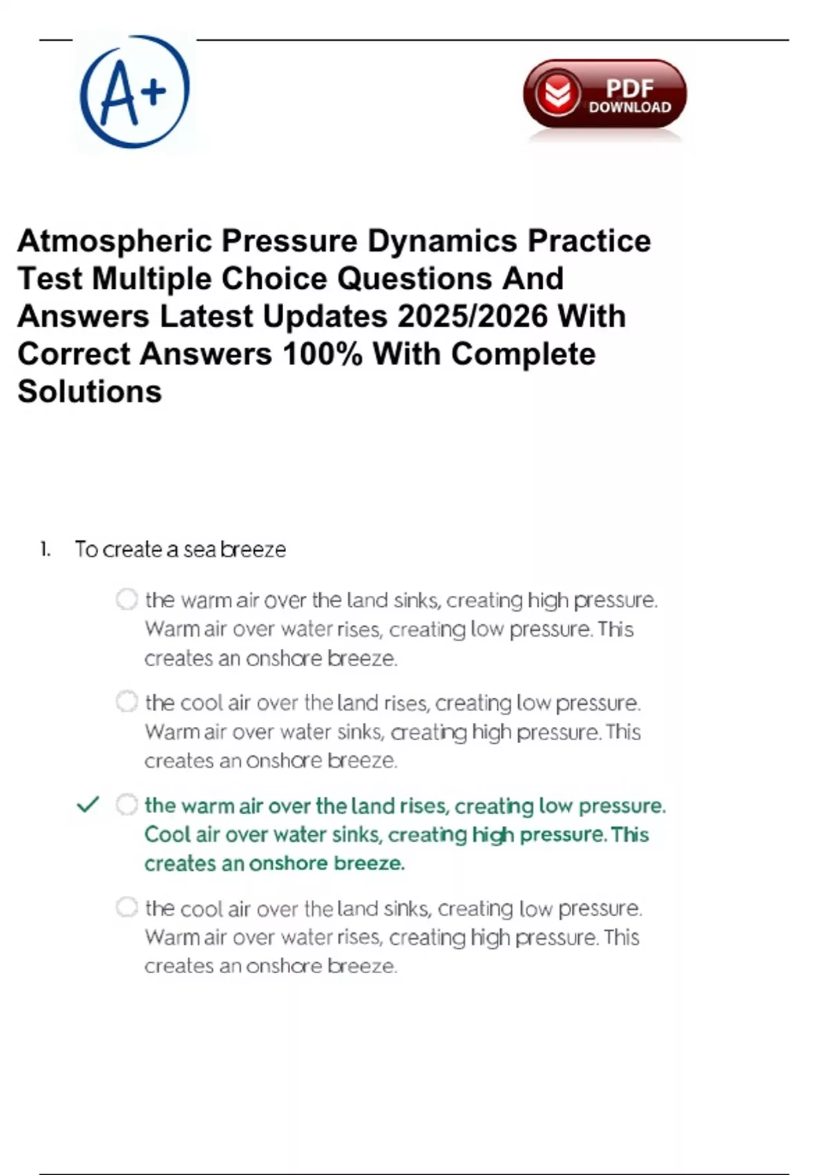 Atmospheric Pressure Dynamics Practice Test Multiple Choice Questions ...