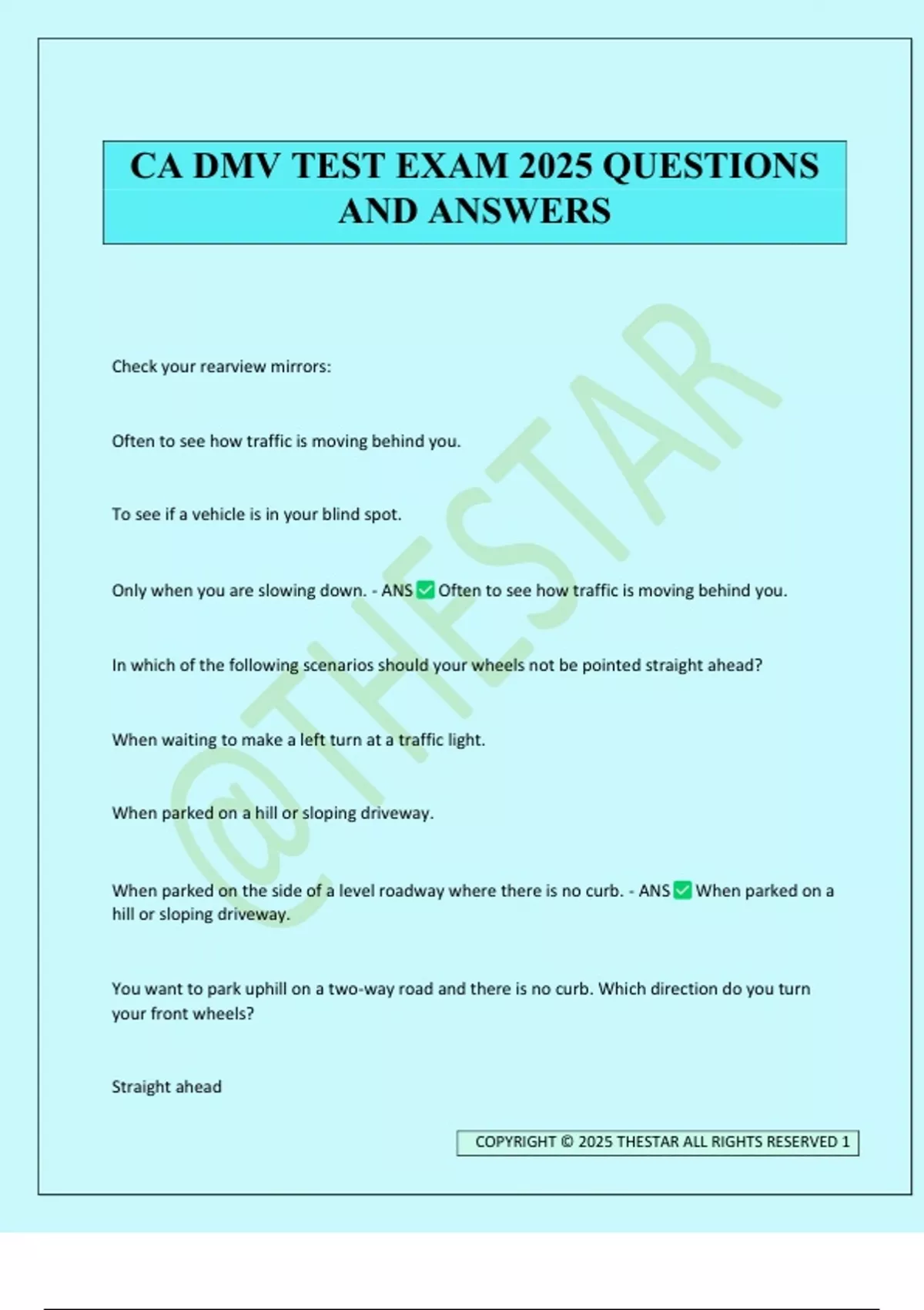 CA DMV TEST EXAM 2025 QUESTIONS AND ANSWERS - CA DMV - Stuvia US