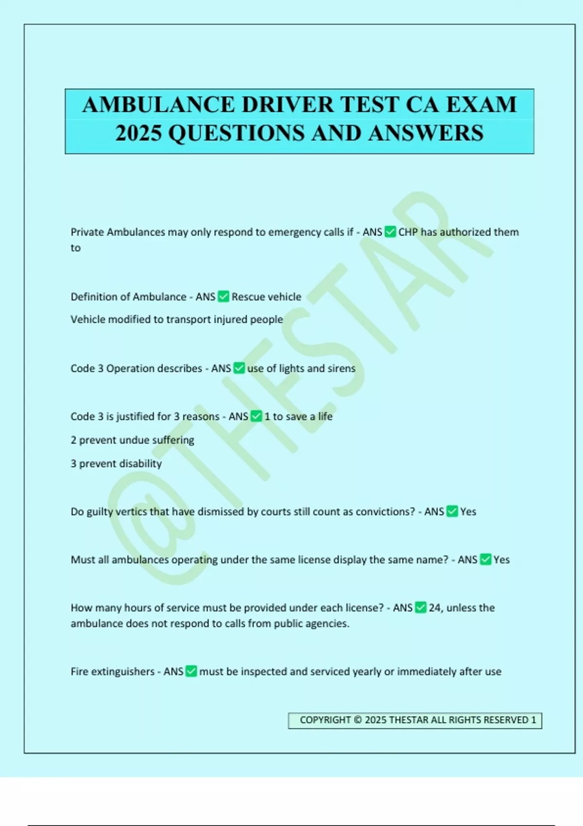 AMBULANCE DRIVER TEST CA EXAM 2025 QUESTIONS AND ANSWERS - CA DMV ...
