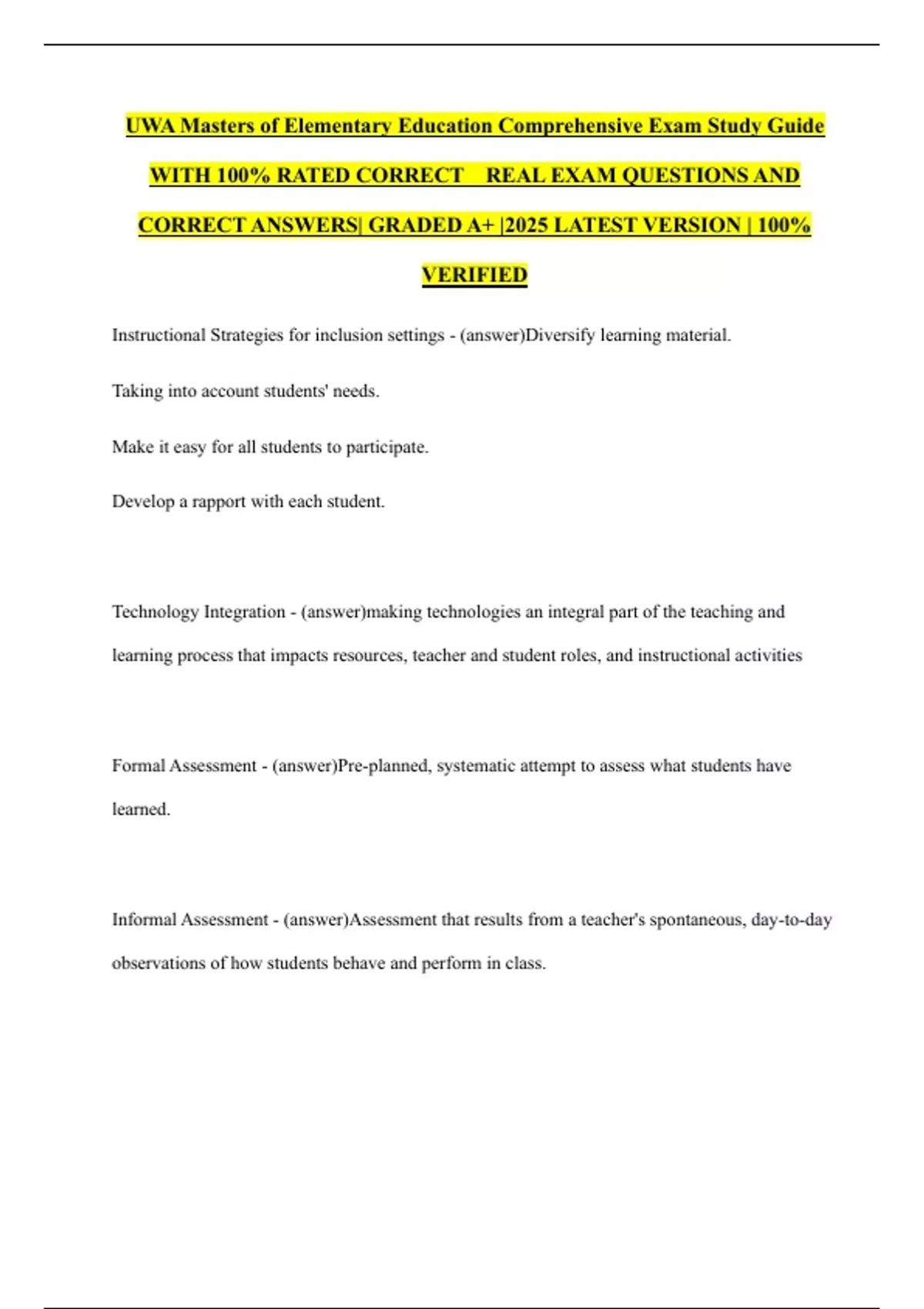 UWA Masters of Elementary Education Comprehensive Exam Study Guide WITH ...