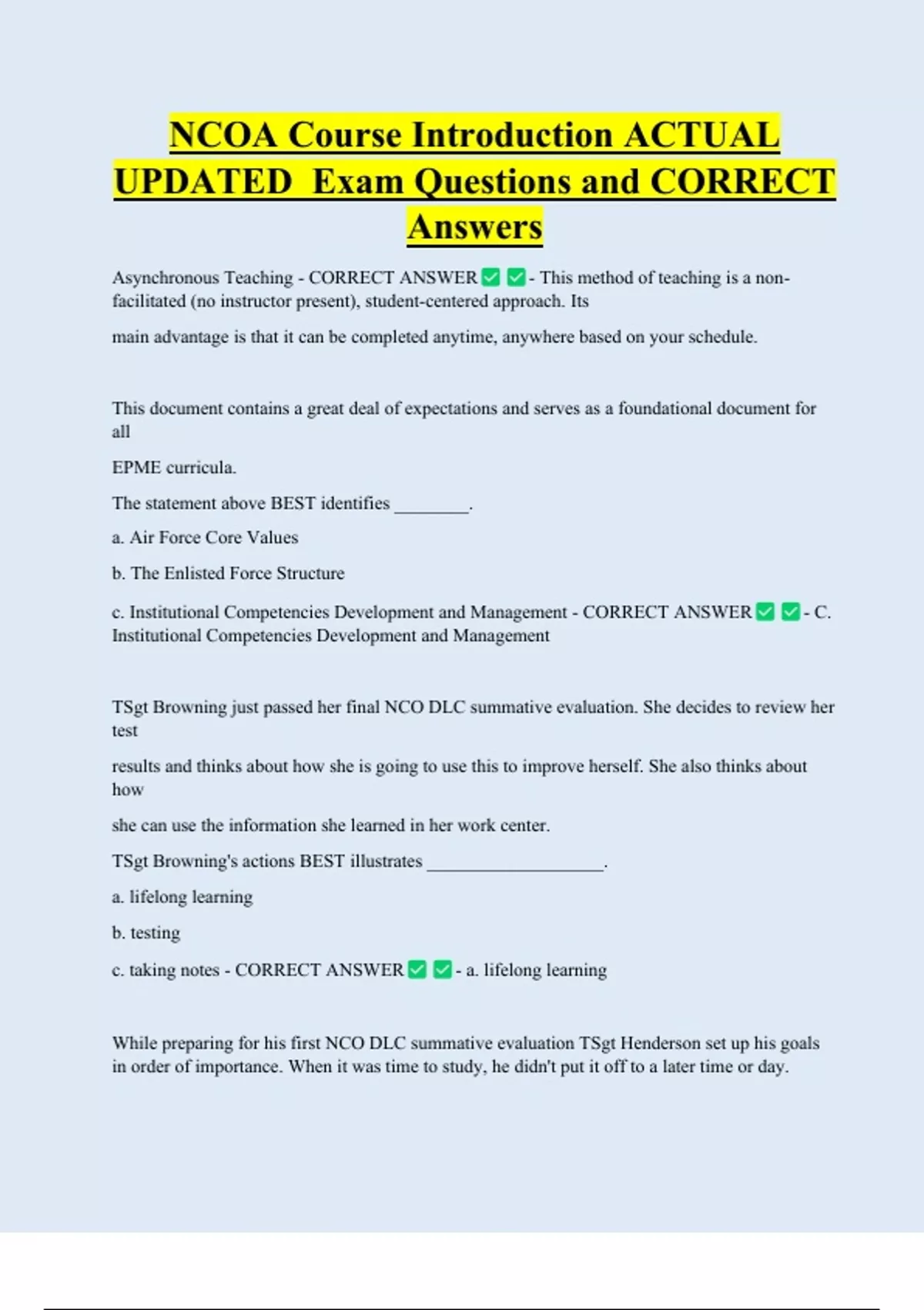 NCOA Course Introduction ACTUAL UPDATED Exam Questions and CORRECT ...