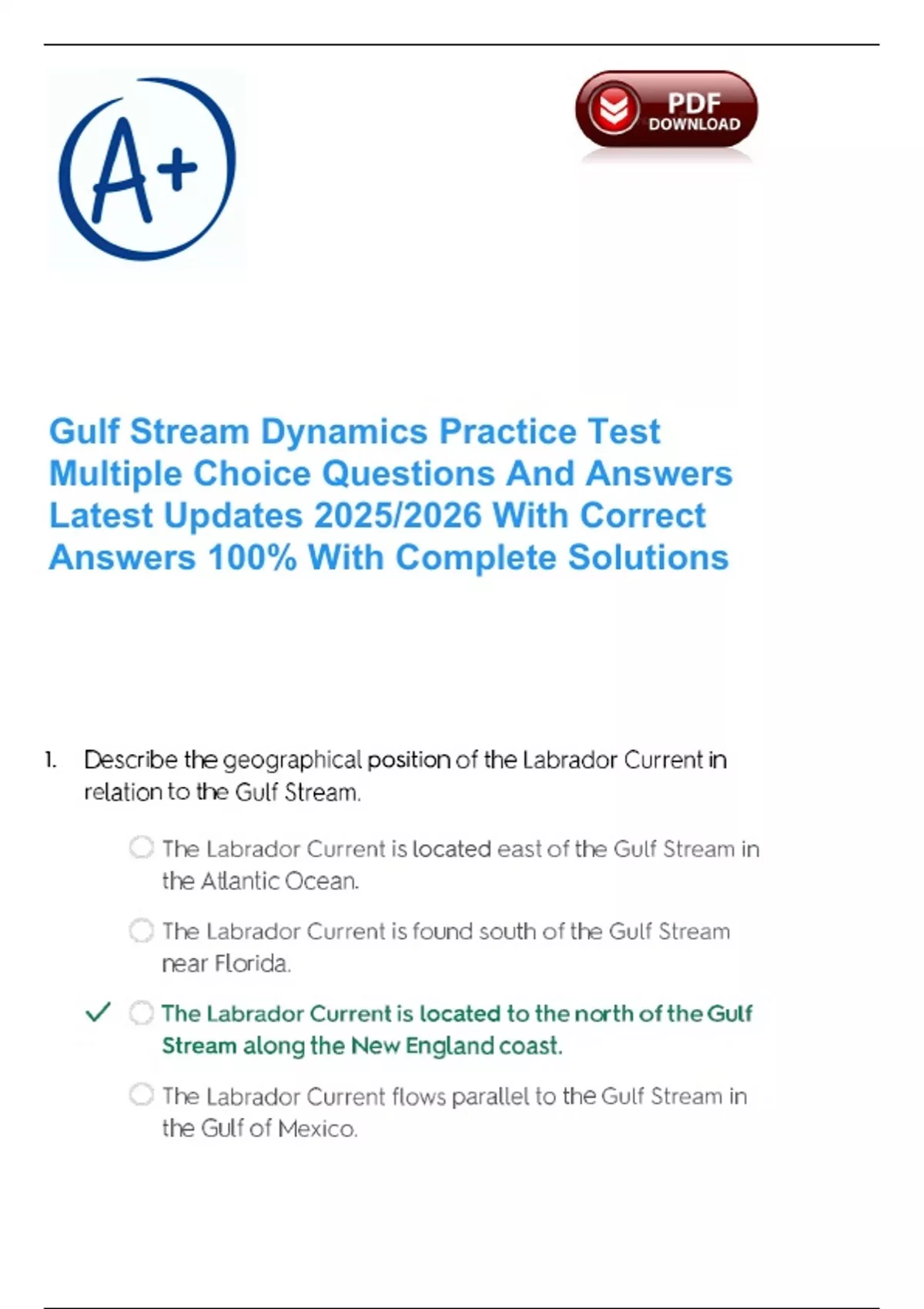 Gulf Stream Dynamics Practice Test Multiple Choice Questions And ...