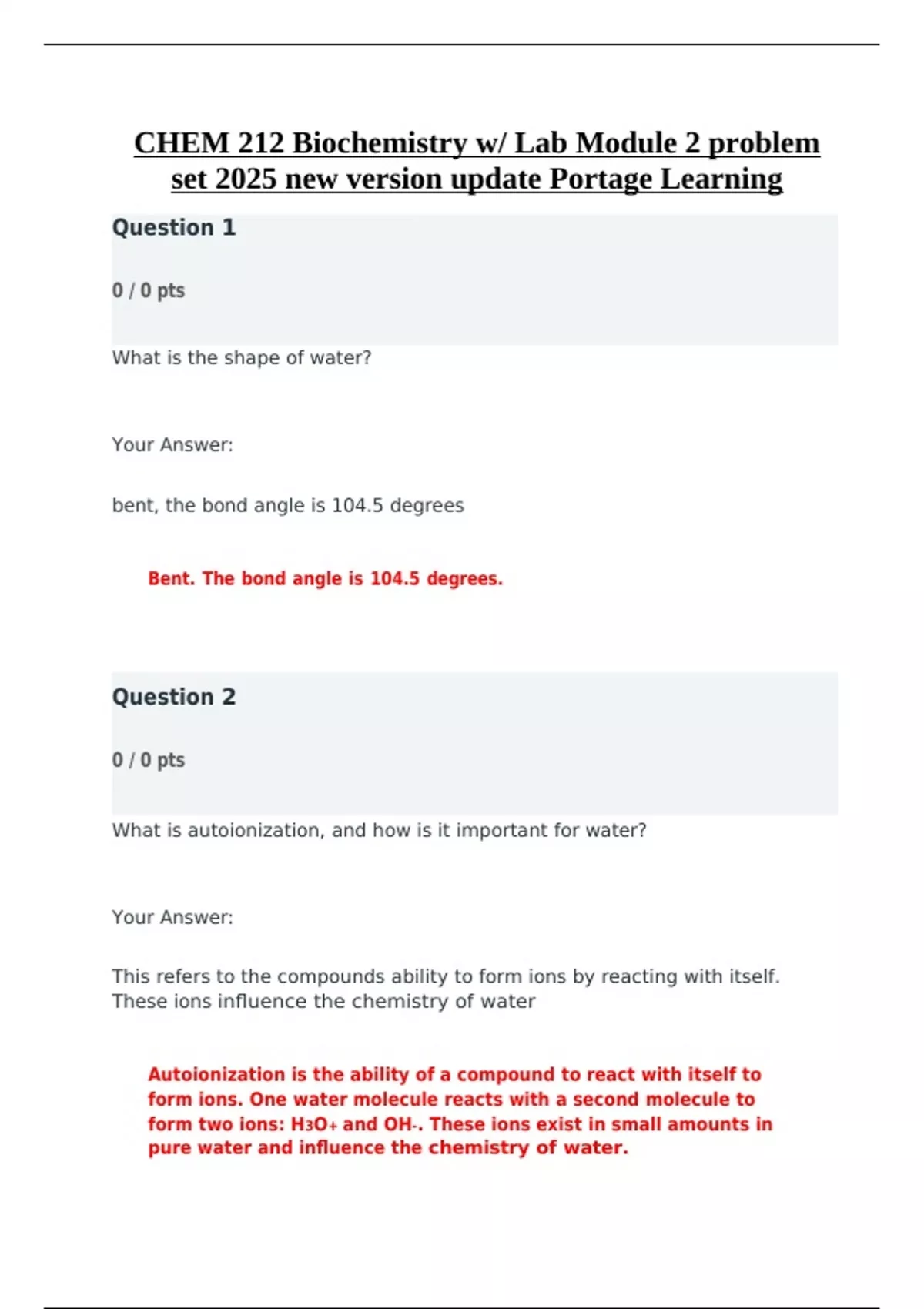 CHEM 212 Biochemistry w/ Lab Module 2 problem set 2025 new version update Portage Learning ...