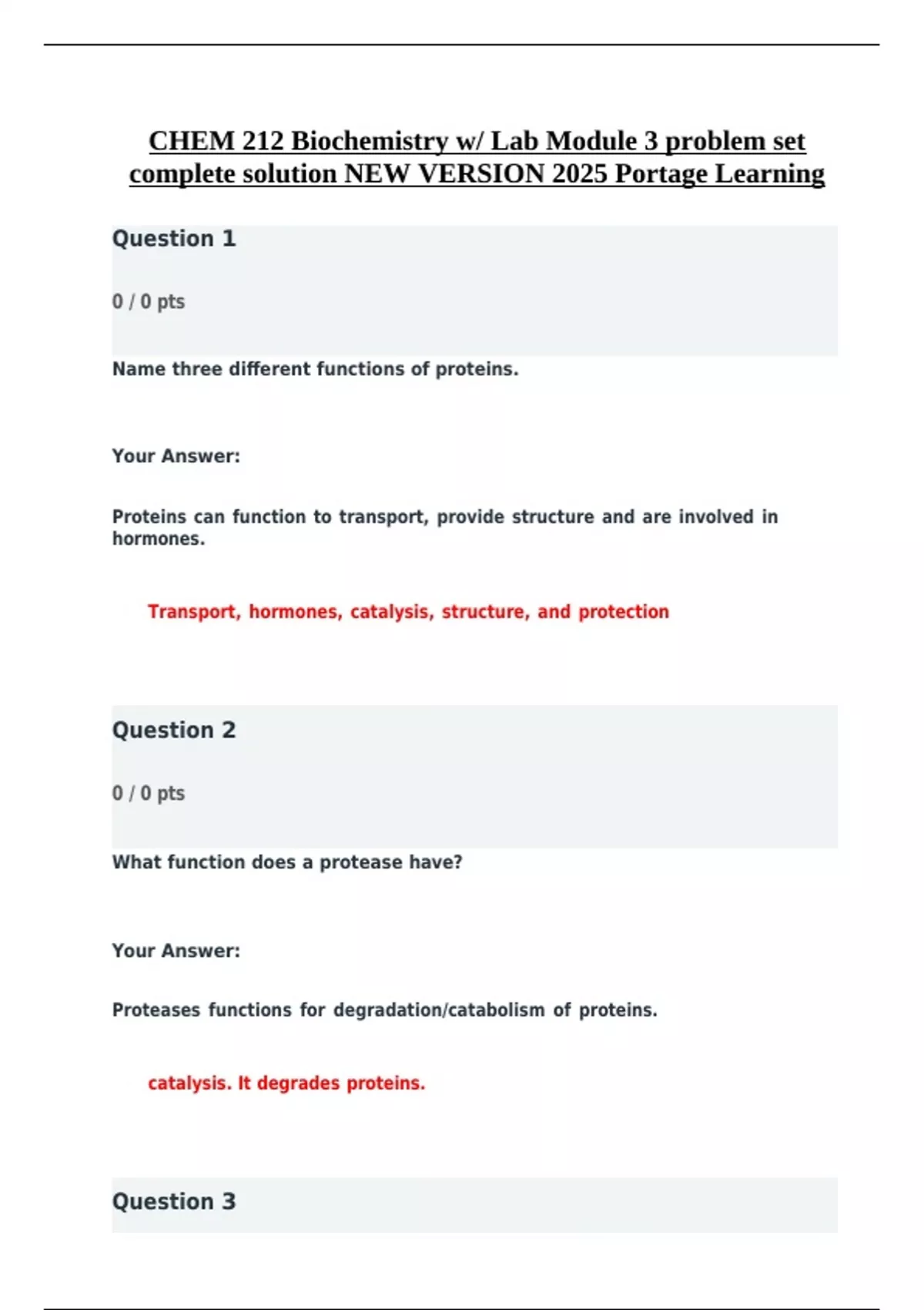 CHEM 212 Biochemistry w/ Lab Module 3 problem set complete solution NEW VERSION 2025 Portage ...
