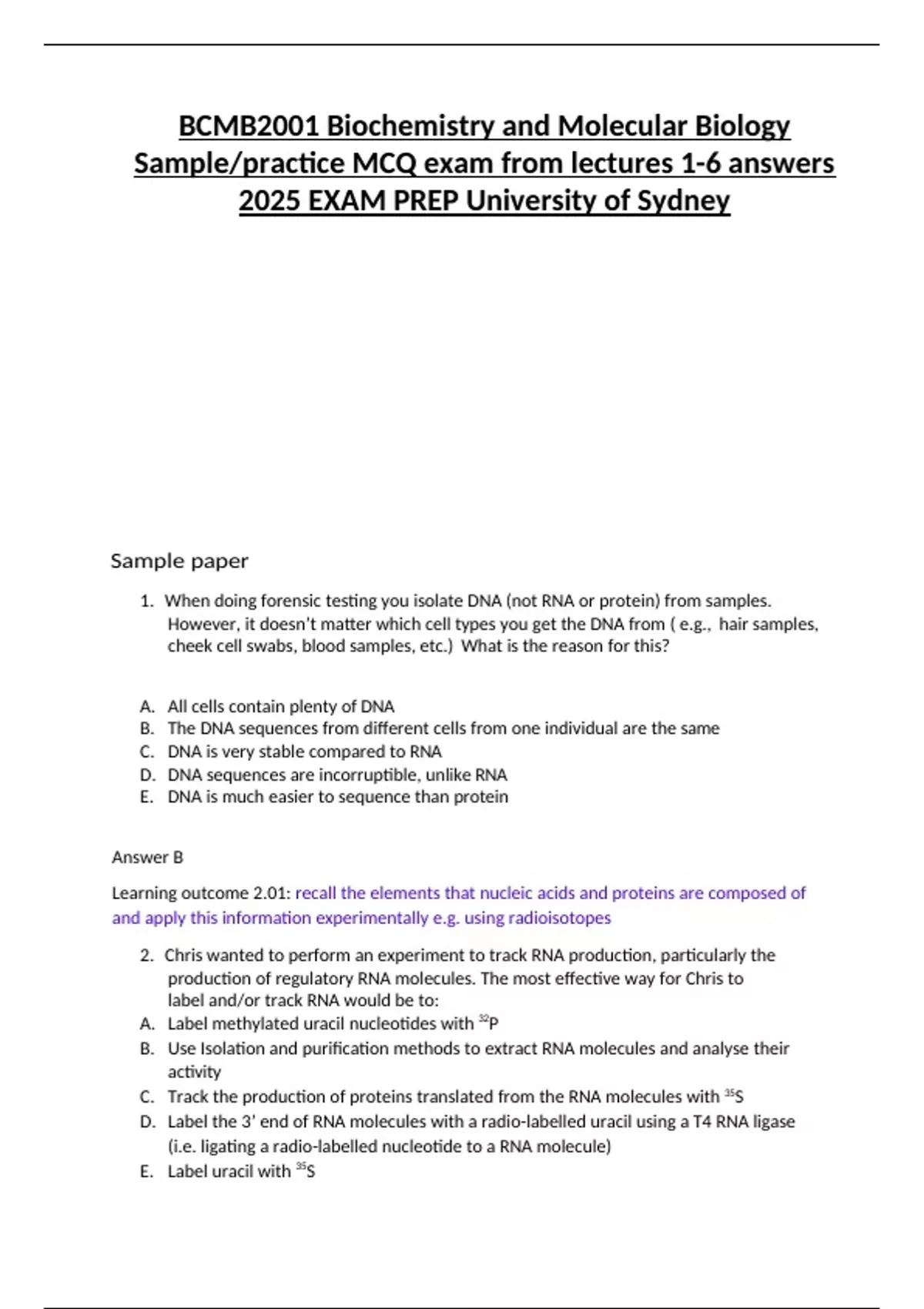 BCMB2001 Biochemistry and Molecular Biology Sample/practice MCQ exam ...