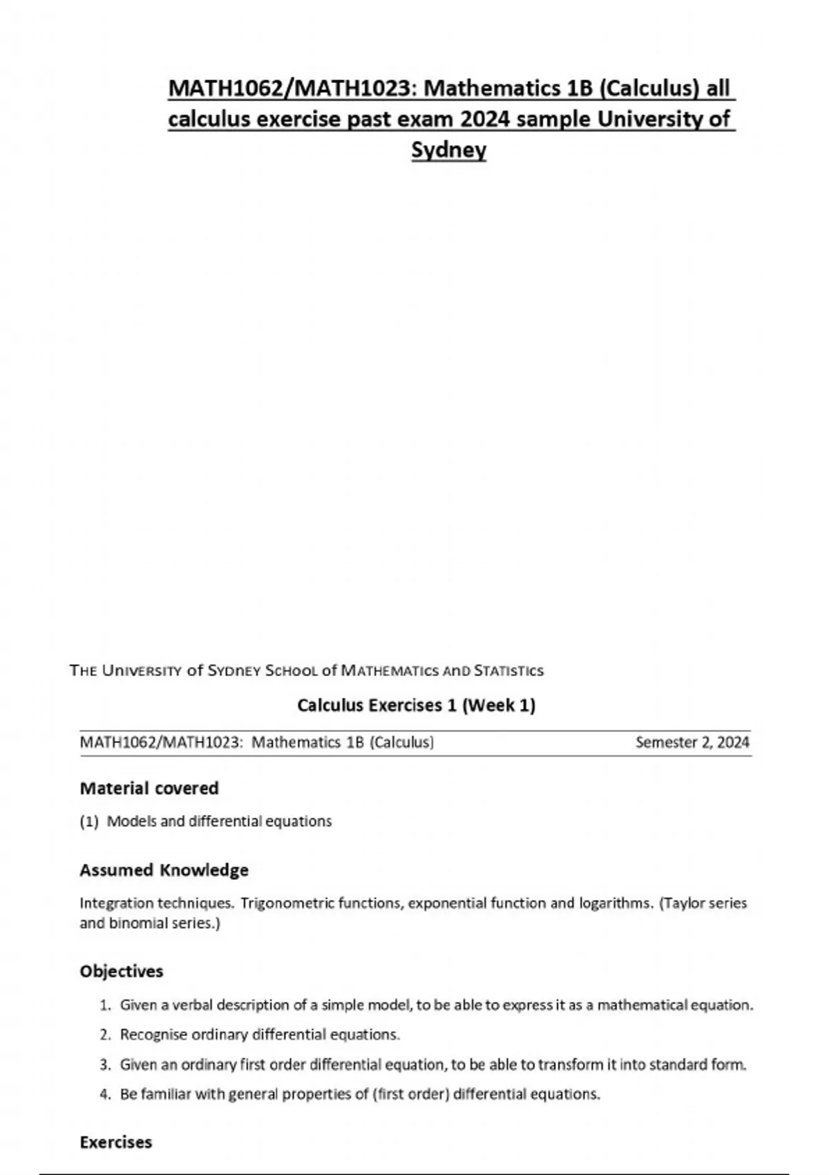 MATH1062/MATH1023: Mathematics 1B (Calculus) all calculus exercise past ...