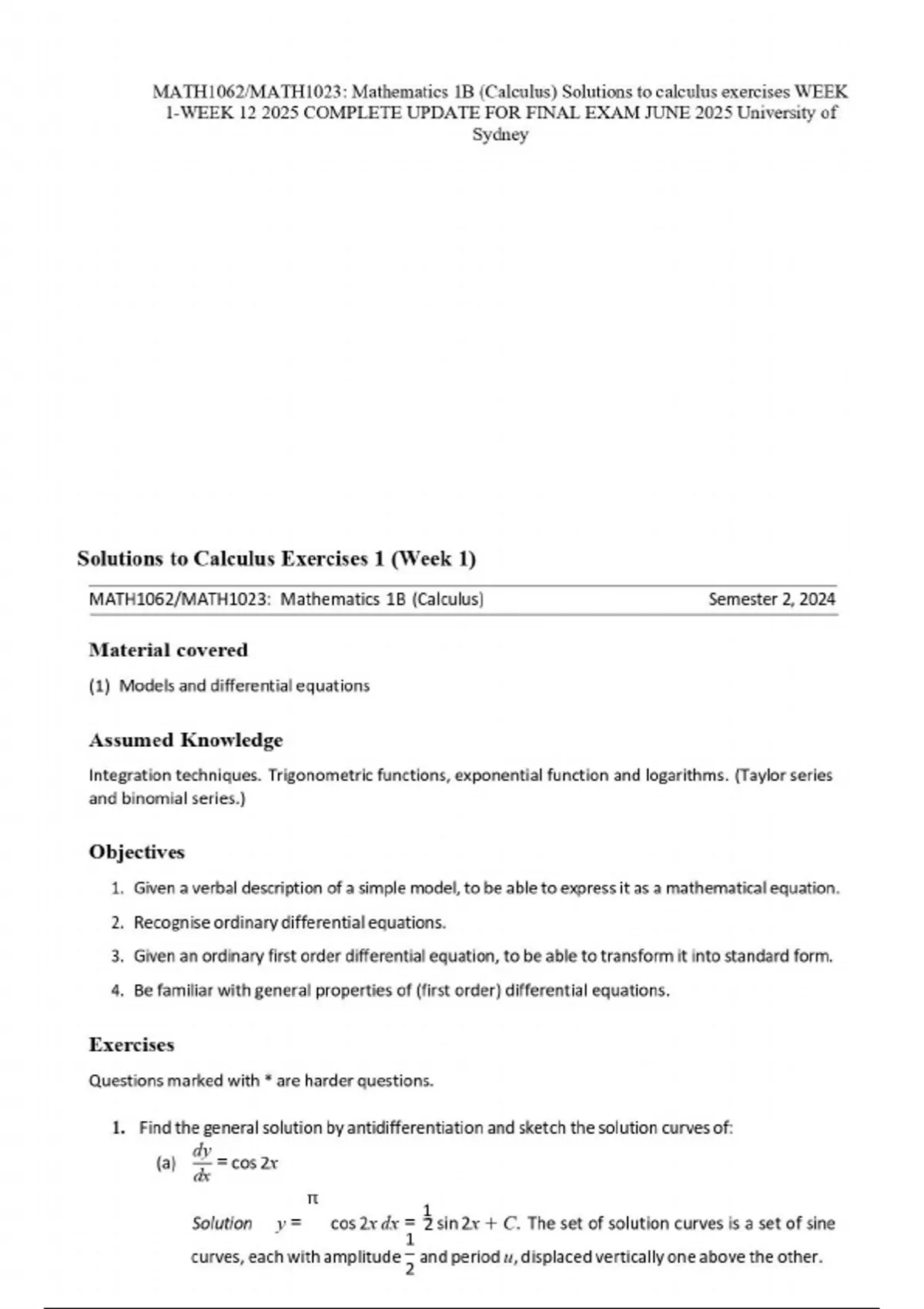 MATH1062/MATH1023: Mathematics 1B (Calculus) Solutions to calculus exercises WEEK 1-WEEK 12 2025 ...