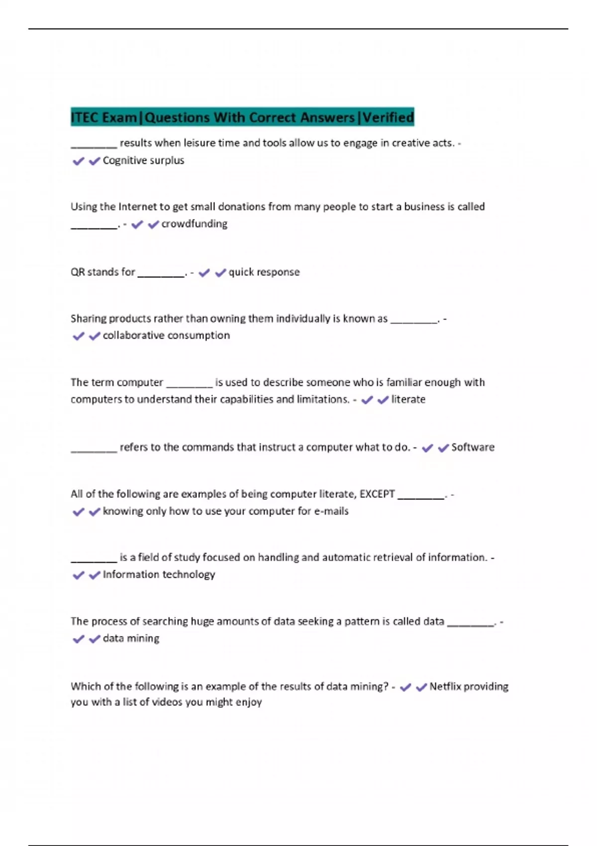 ITEC Exam|Questions With Correct Answers|Verified - ITEC - Stuvia US