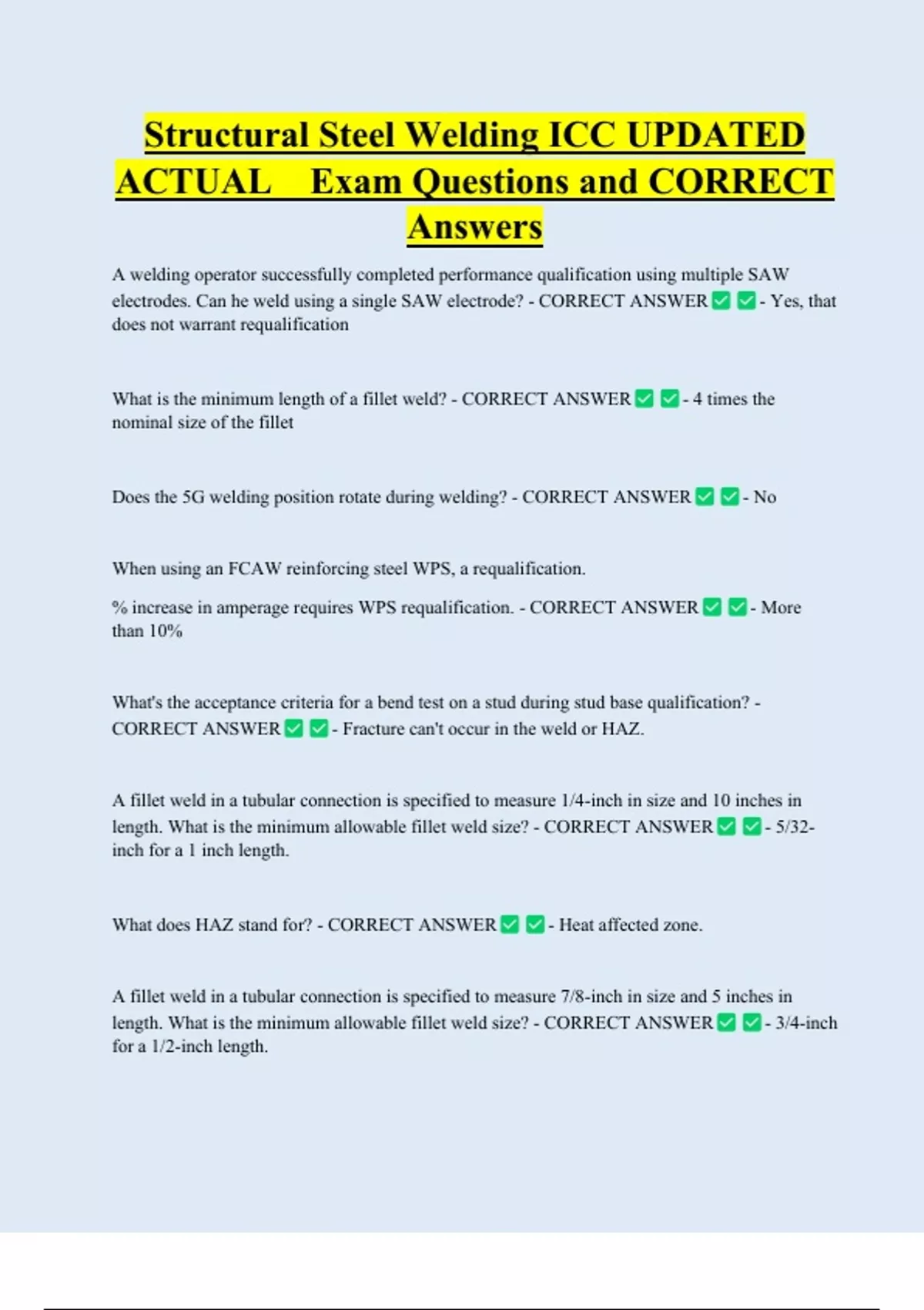 Structural Steel Welding ICC UPDATED ACTUAL Exam Questions and CORRECT ...