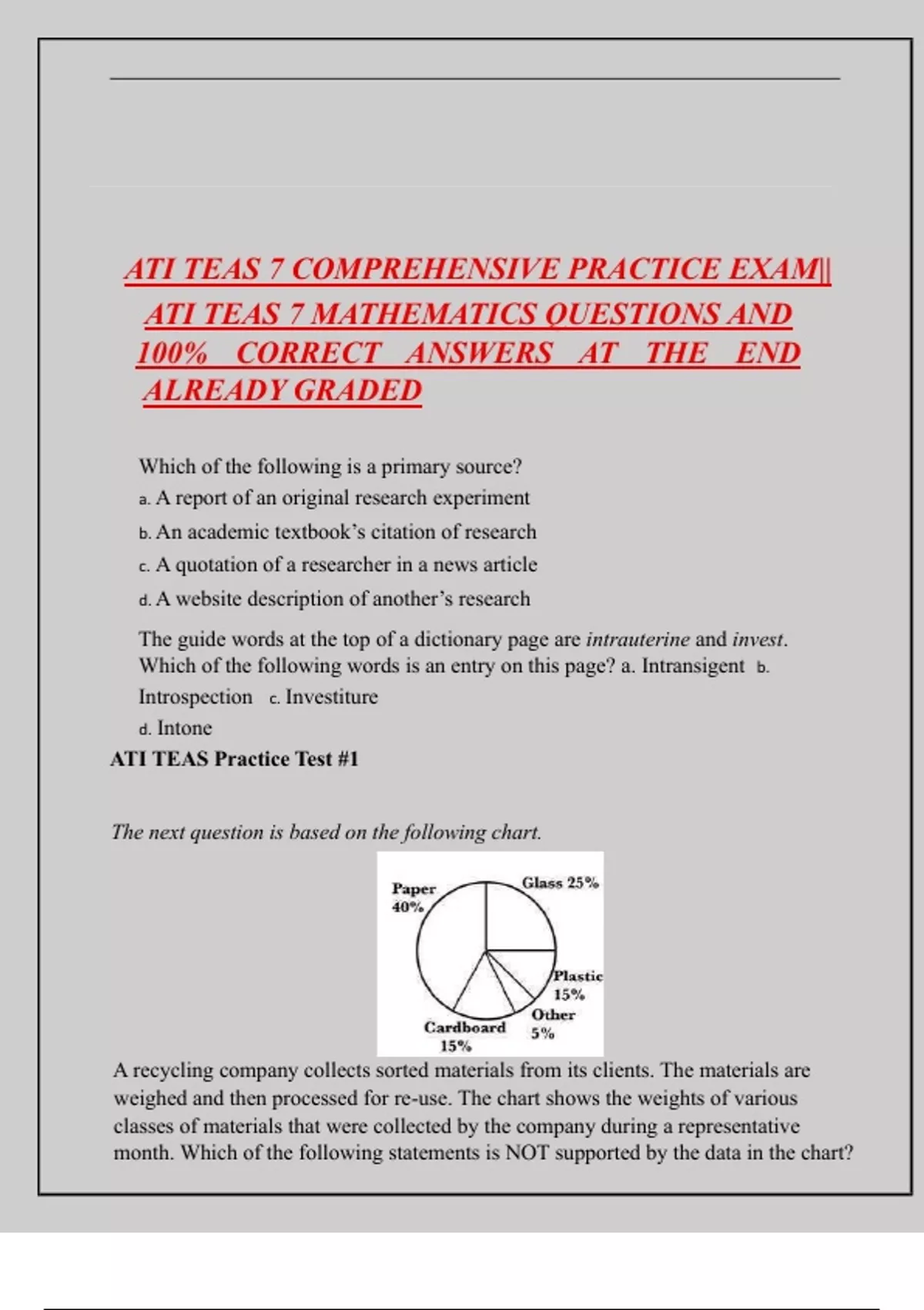 ATI TEAS 7 COMPREHENSIVE PRACTICE EXAM (1). - Advance nursing - Stuvia US