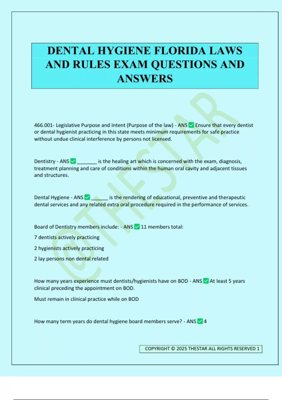 DENTAL HYGIENE FLORIDA LAWS AND RULES EXAM QUESTIONS AND ANSWERS ...