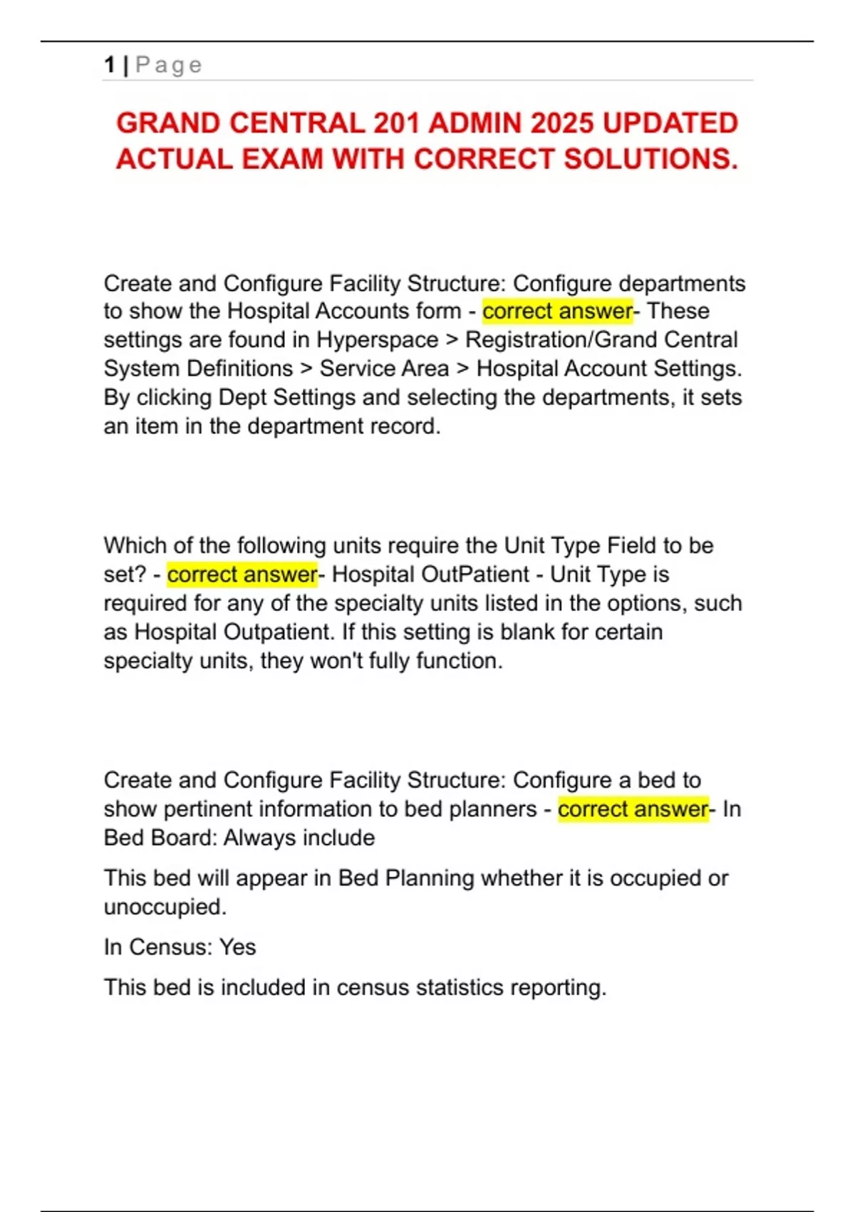 Grand Central 201 Admin Exam 2025 – Full Q&A Guide with Correct Answers for Bed Planning ...