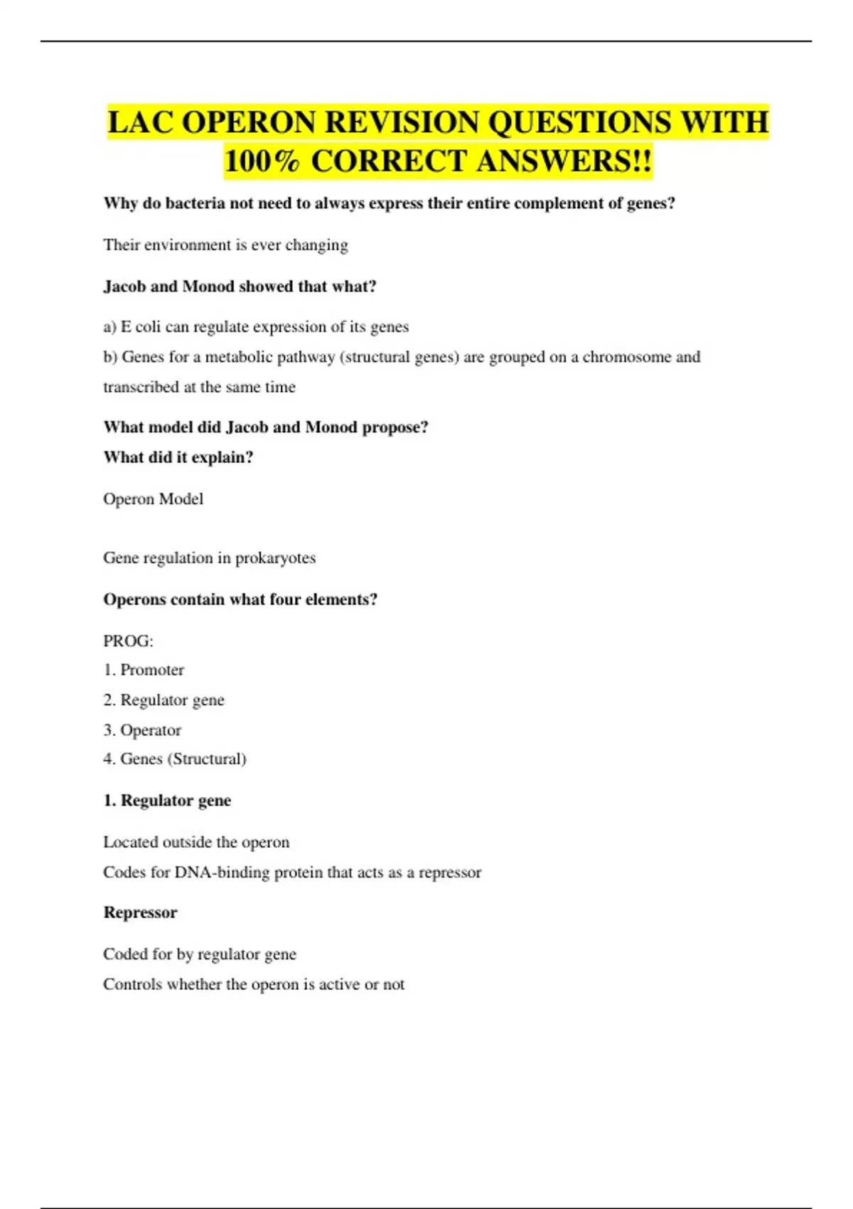 LAC OPERON REVISION QUESTIONS WITH 100% CORRECT ANSWERS!! - LAC OPERON ...