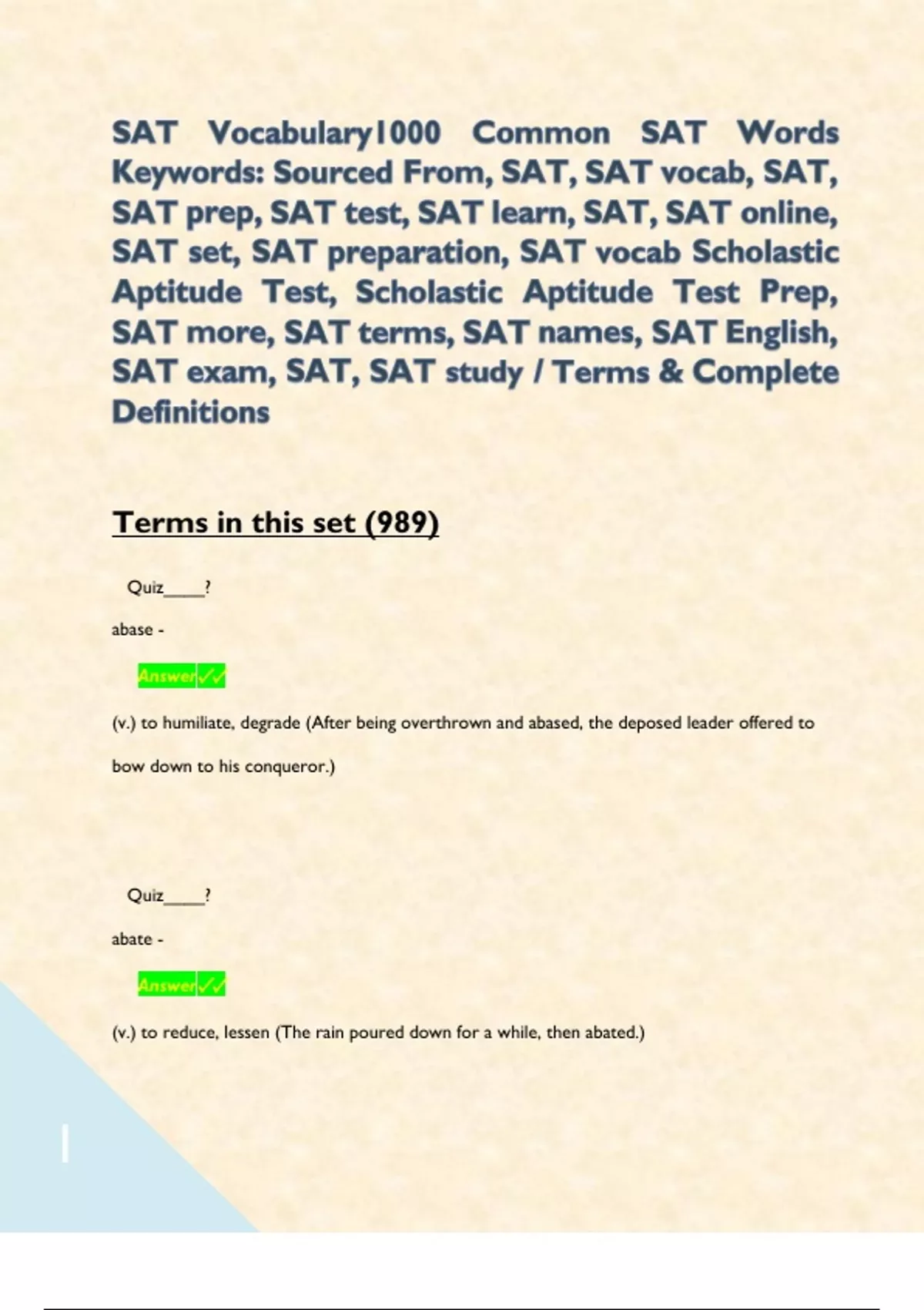SAT Vocabulary1000 Common SAT Words Keywords: Sourced From, SAT, SAT ...