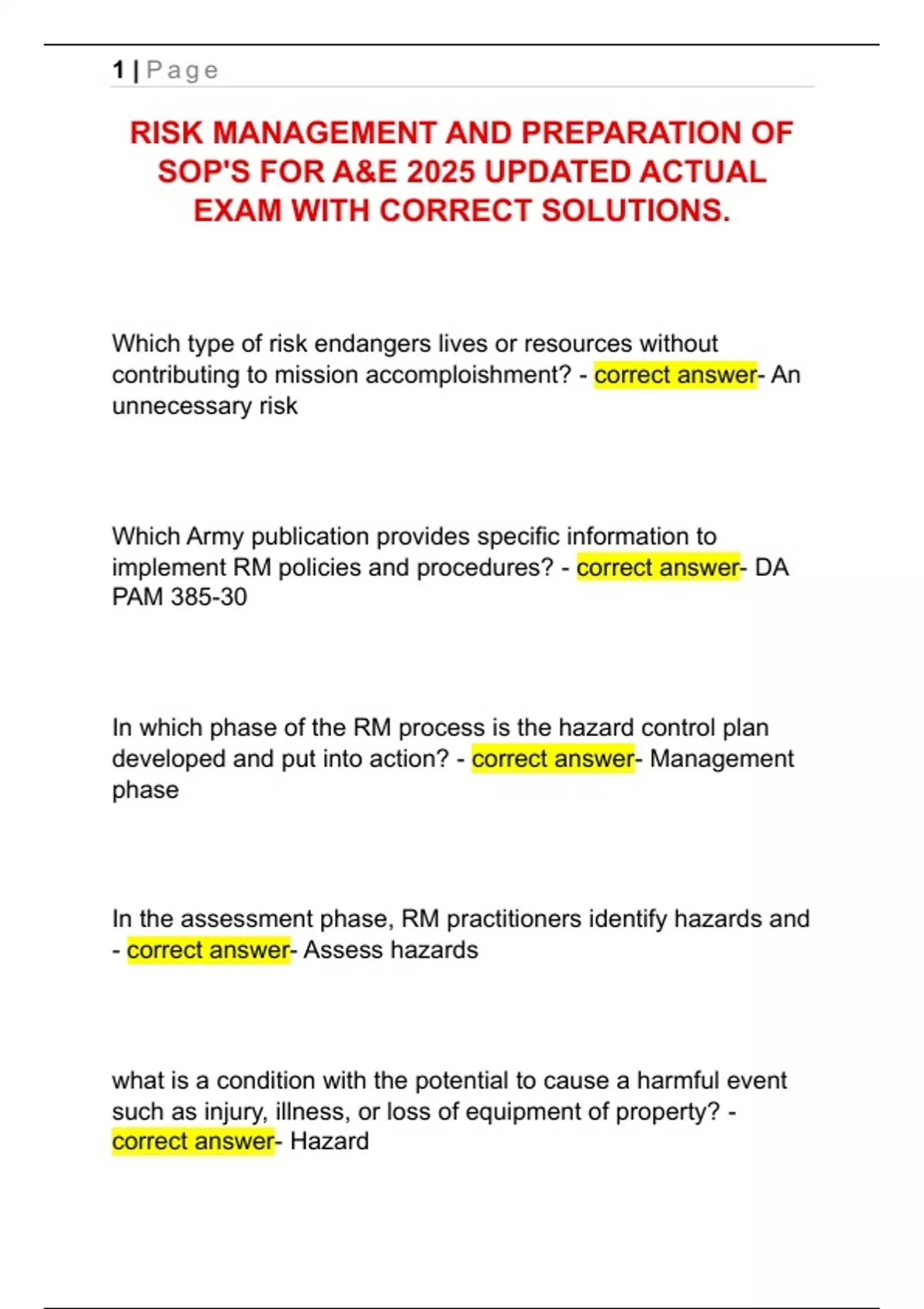 RISK MANAGEMENT AND PREPARATION OF SOP'S FOR A&E 2025 UPDATED ACTUAL EXAM WITH CORRECT SOLUTIONS ...