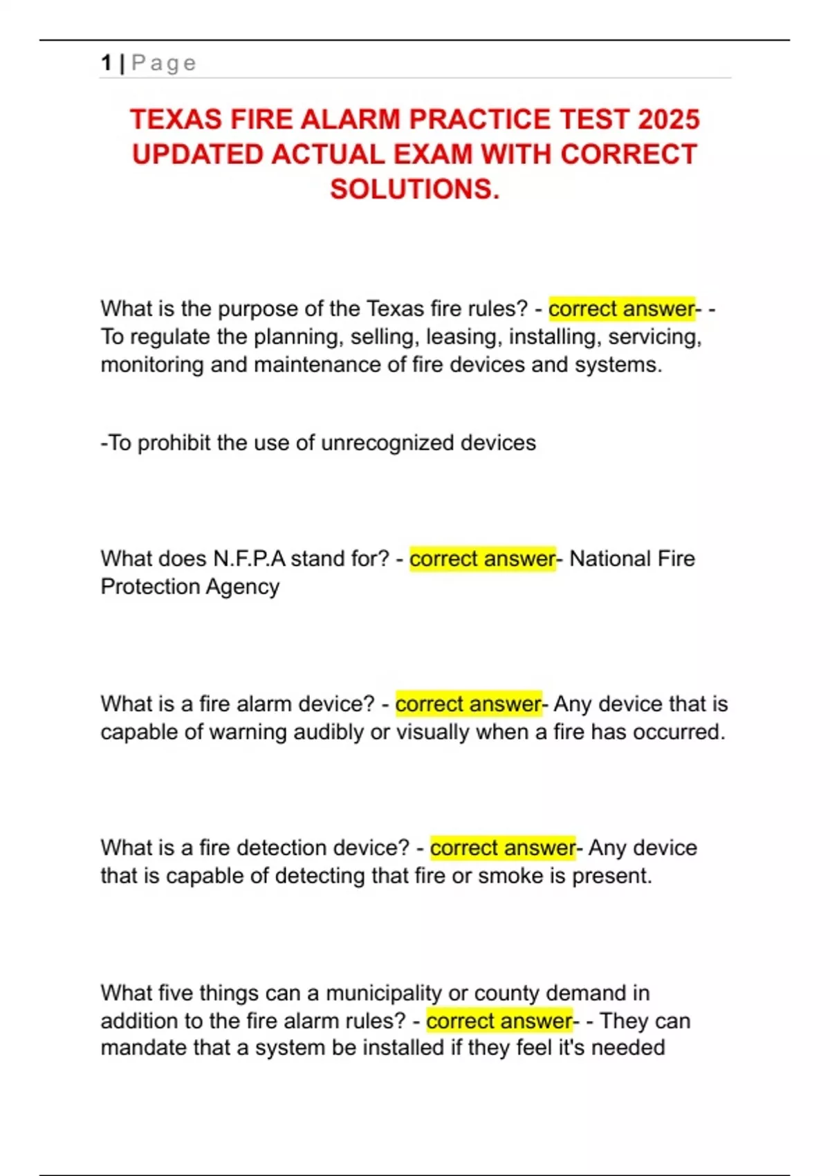 TEXAS FIRE ALARM PRACTICE TEST 2025 UPDATED ACTUAL EXAM WITH CORRECT ...