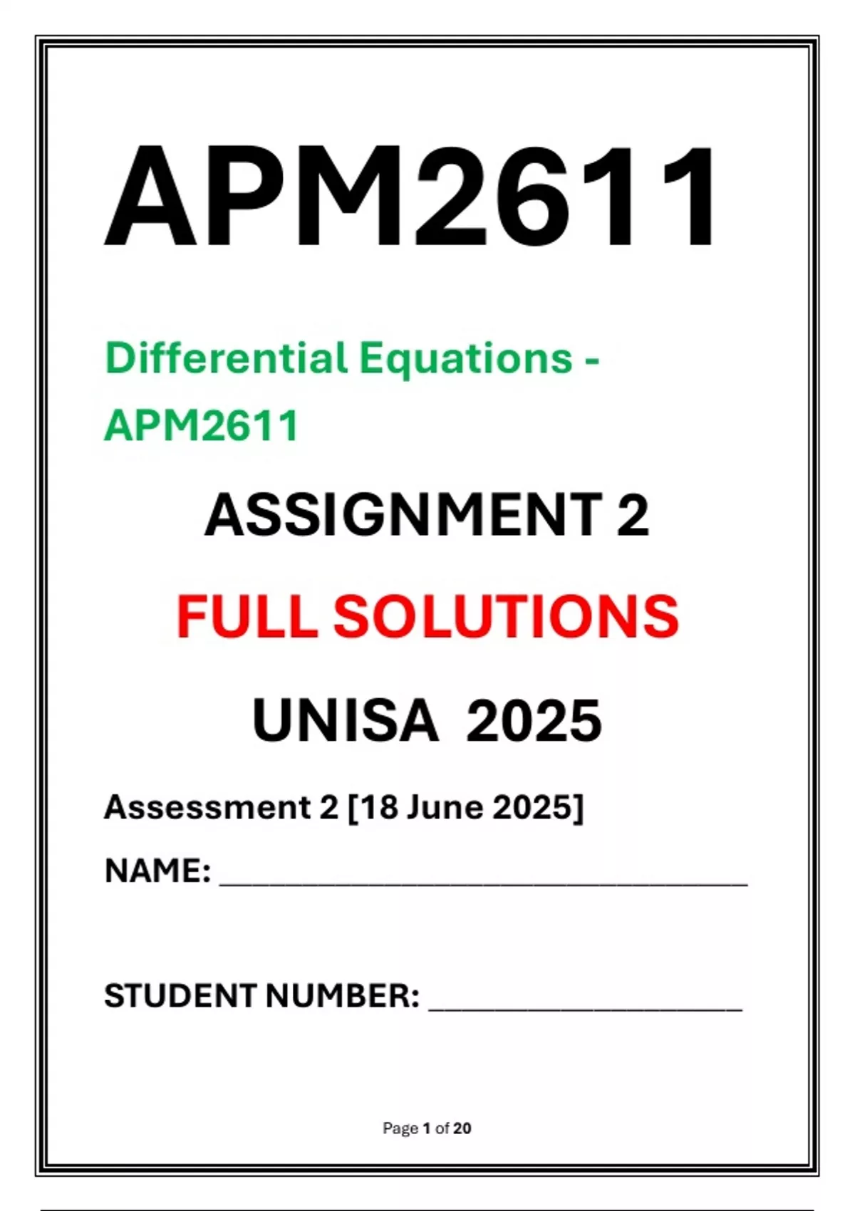 APM2611 Assignment 2 Complete Solutions UNISA 2025 Differential Equations - APM2611 Due date 18 ...