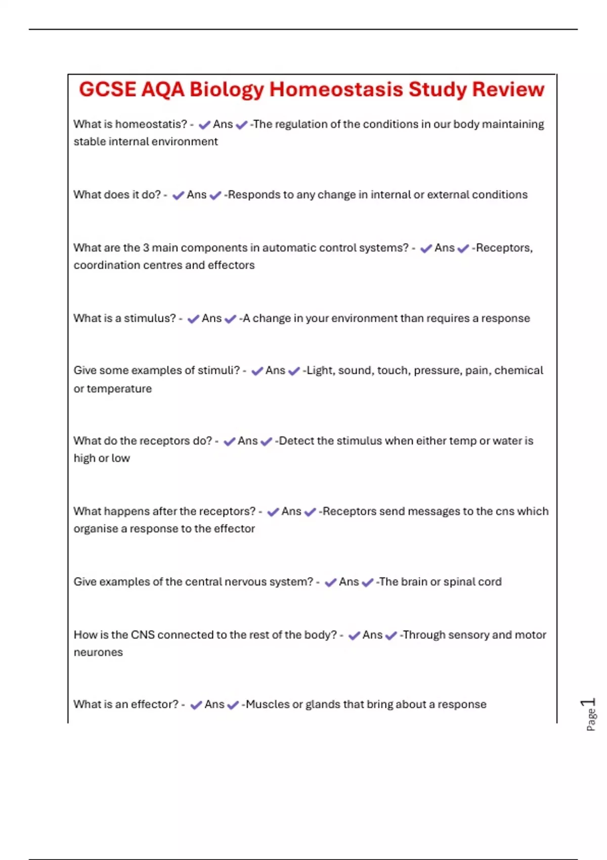 GCSE AQA Biology Homeostasis Study Review - GCSE AQA Biology ...