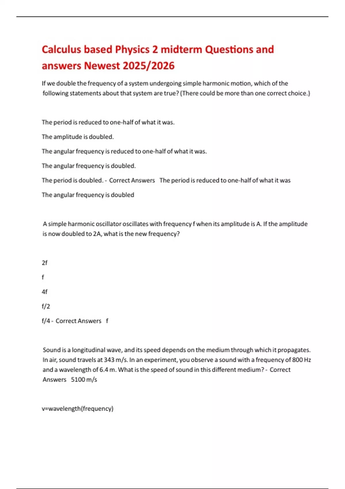 Calculus based Physics 2 midterm Questions and answers Newest 2025/2026 - Calculus based Physics ...