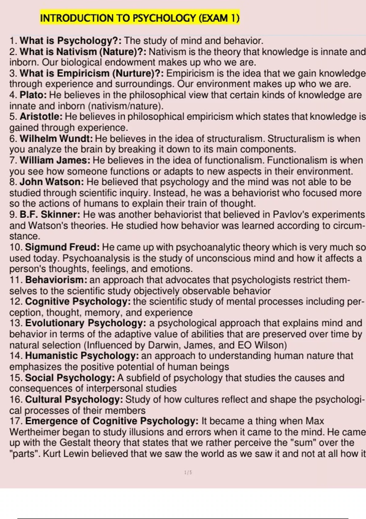 Introduction to Psychology Exam 1 Study Guide – Key Theories ...
